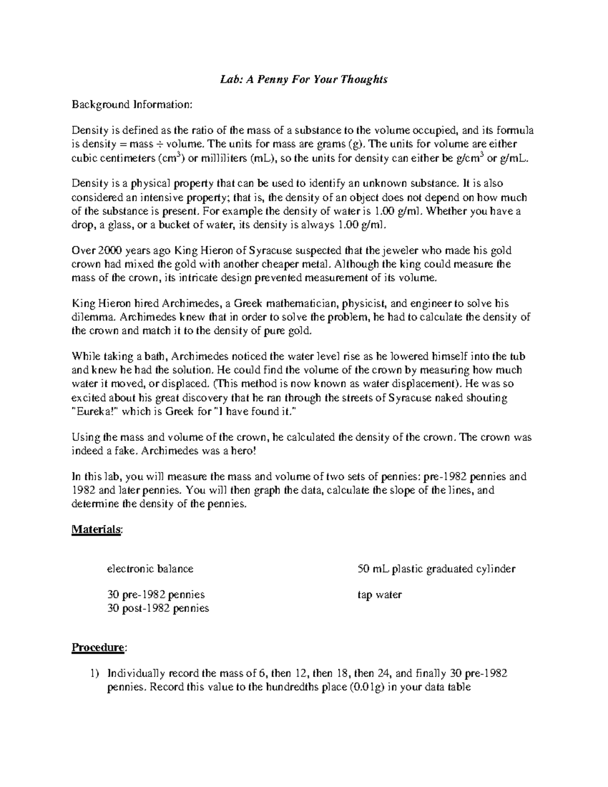 Chem Density Lab 2 - Lab: A Penny For Your Thoughts Background ...