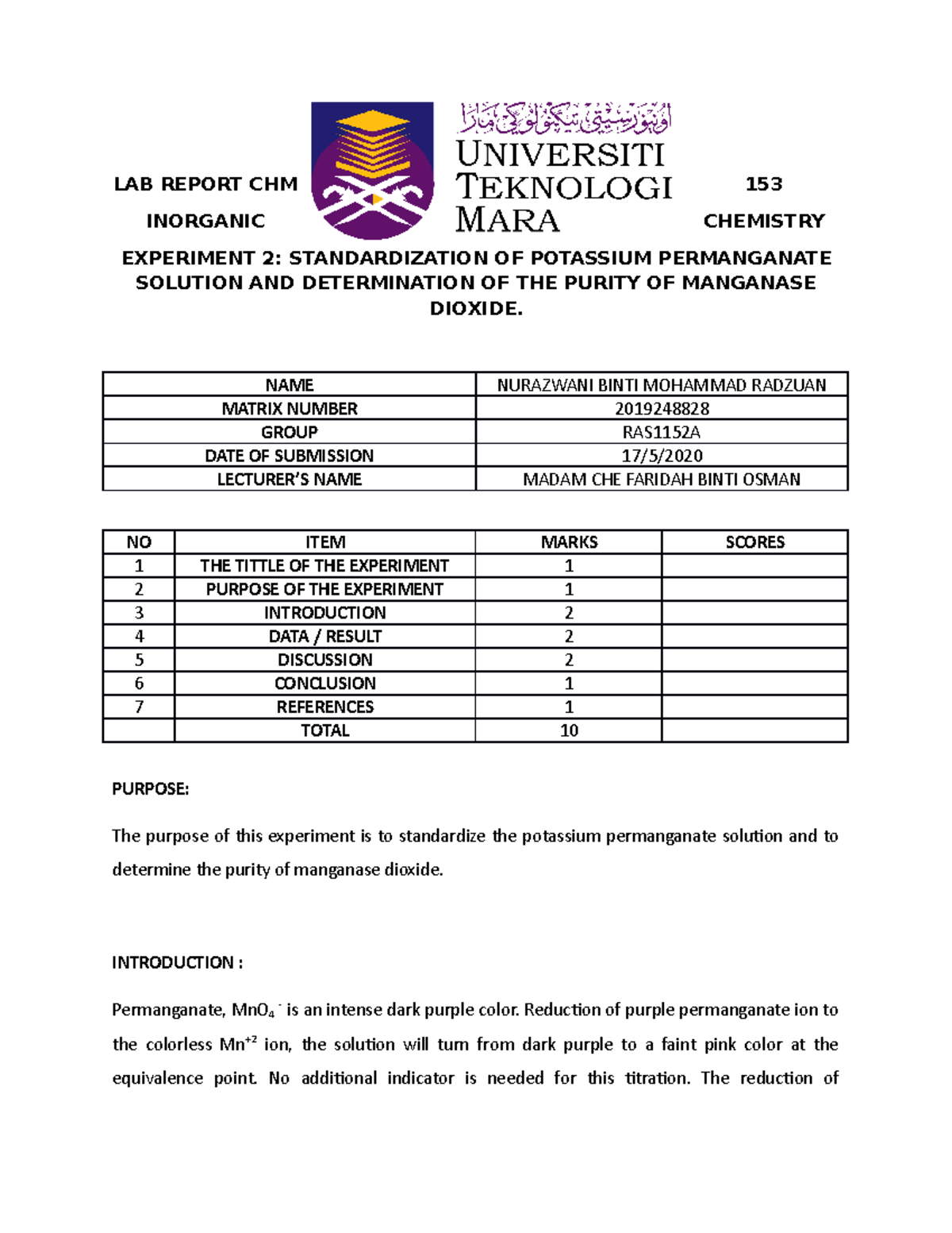 DRY LAB CHM 153 Experiment 2 - LAB REPORT CHM 153 INORGANIC CHEMISTRY EXPERIMENT 2 ...