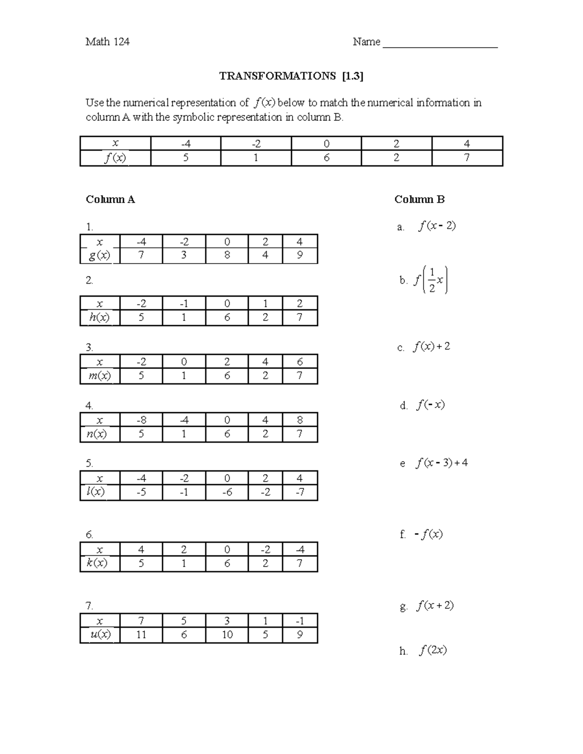 1-3 Transformations - MATH122 - Math 124 Name TRANSFORMATIONS Use the ...