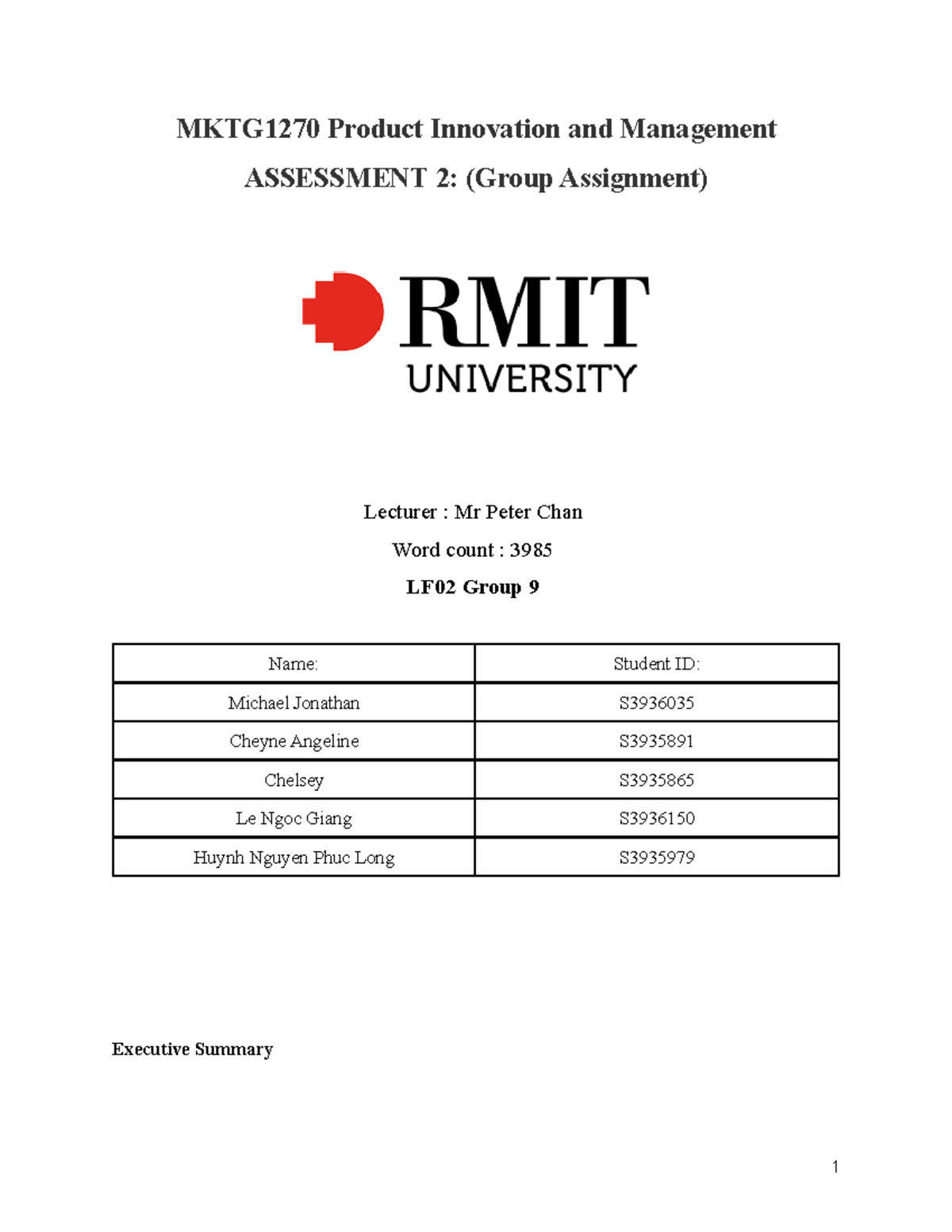 MKTG 1270 PIM - LF02 Group 9 Assignment 2 - MKTG1270 Product Innovation and Management ...