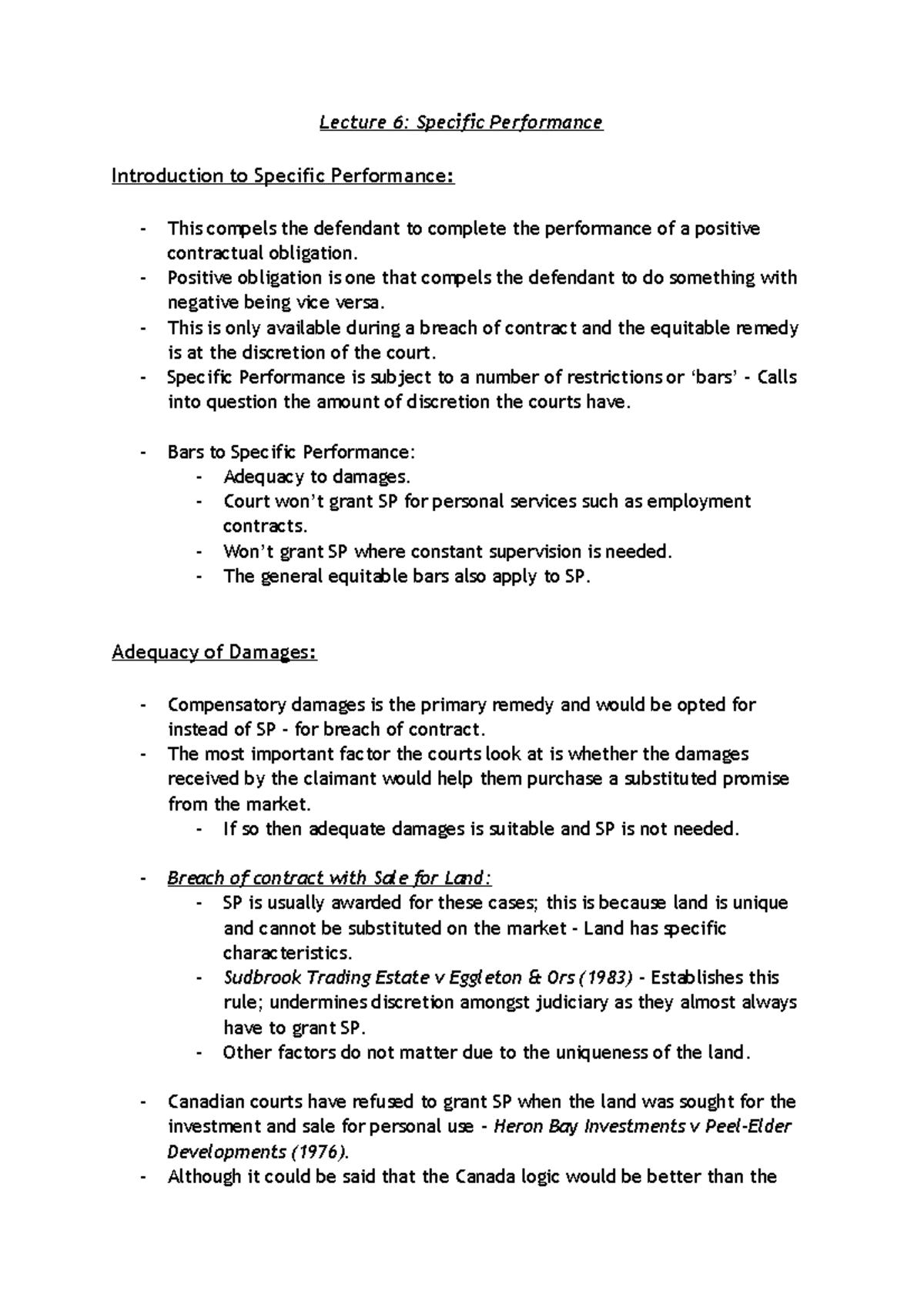Lecture 6 - Specific Performance - Lecture 6: Specific Performance ...