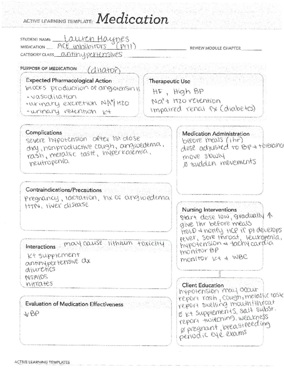 ACE inhibtors medication template - NUR 113 - Studocu