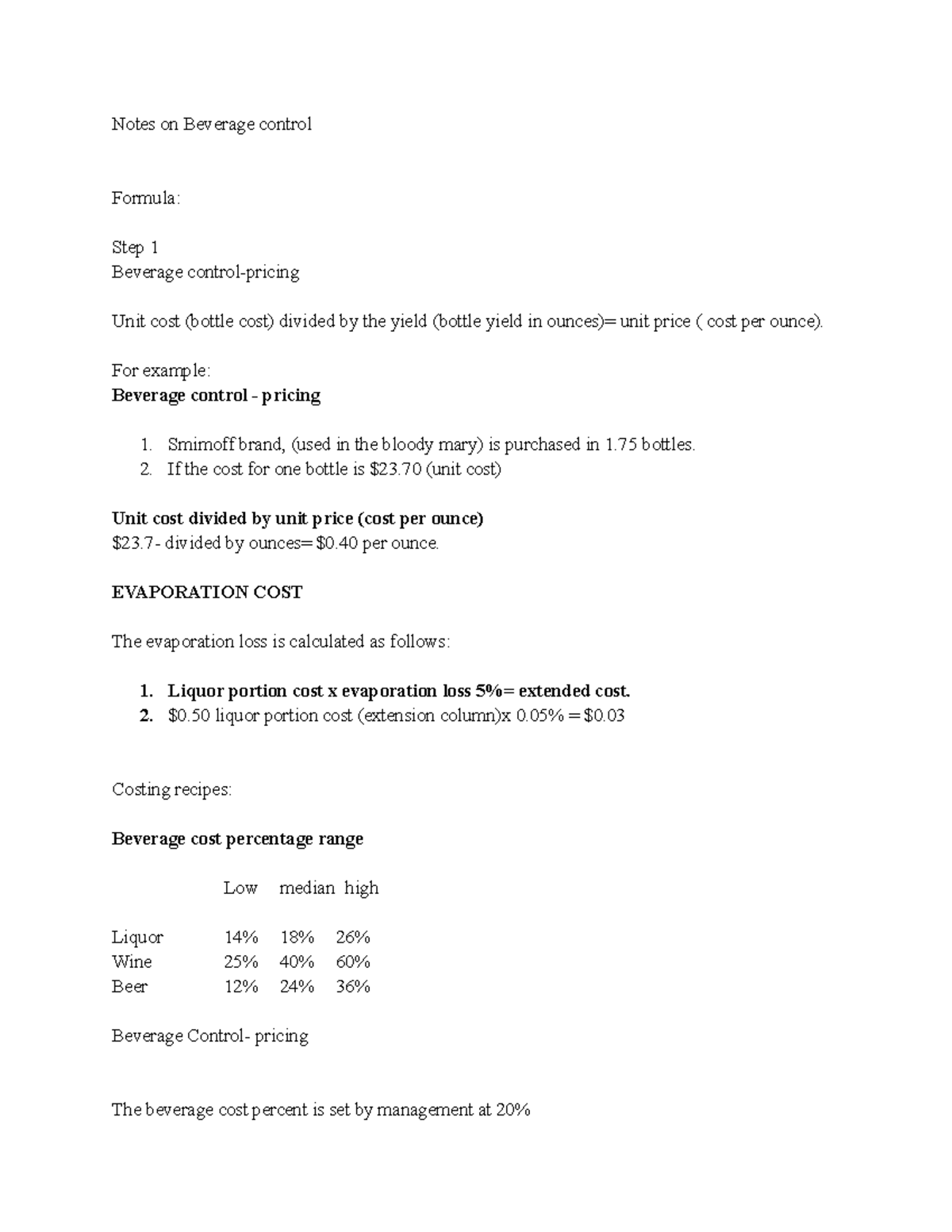 Cost control 12/05 - Lecture notes 11 - Notes on Beverage control ...