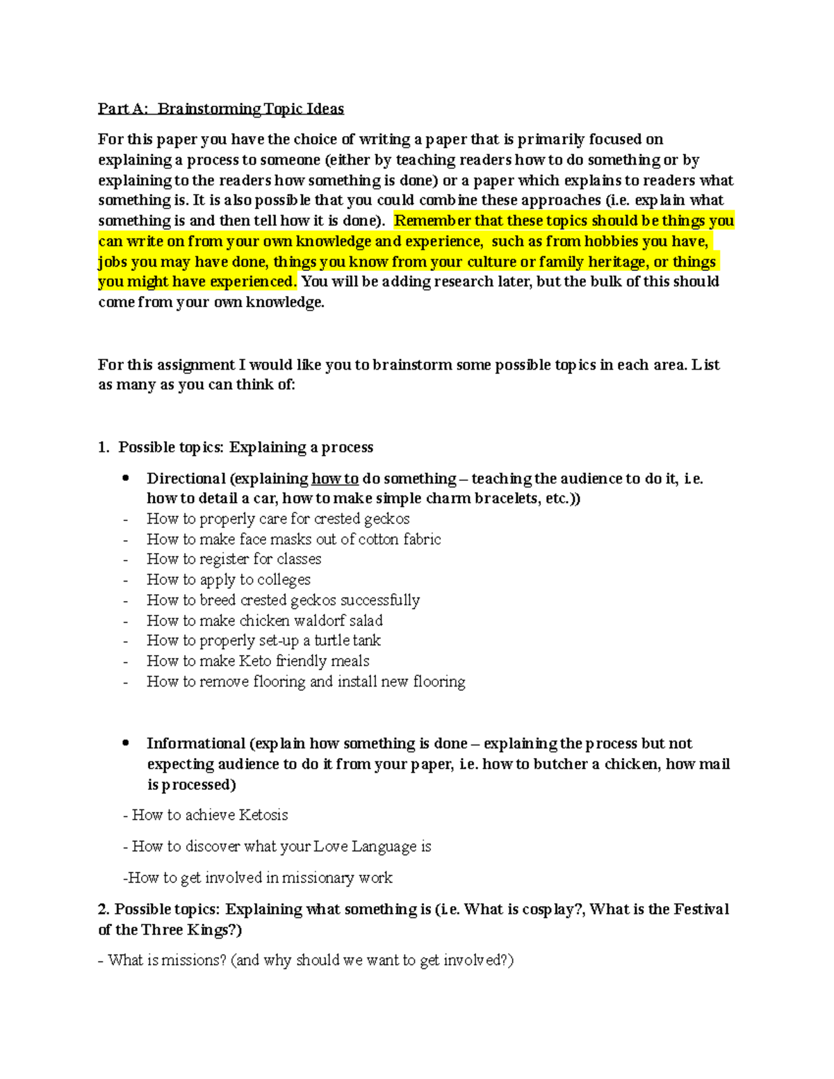 Prewriting Activity Exploring Topics - Part A: Brainstorming Topic ...