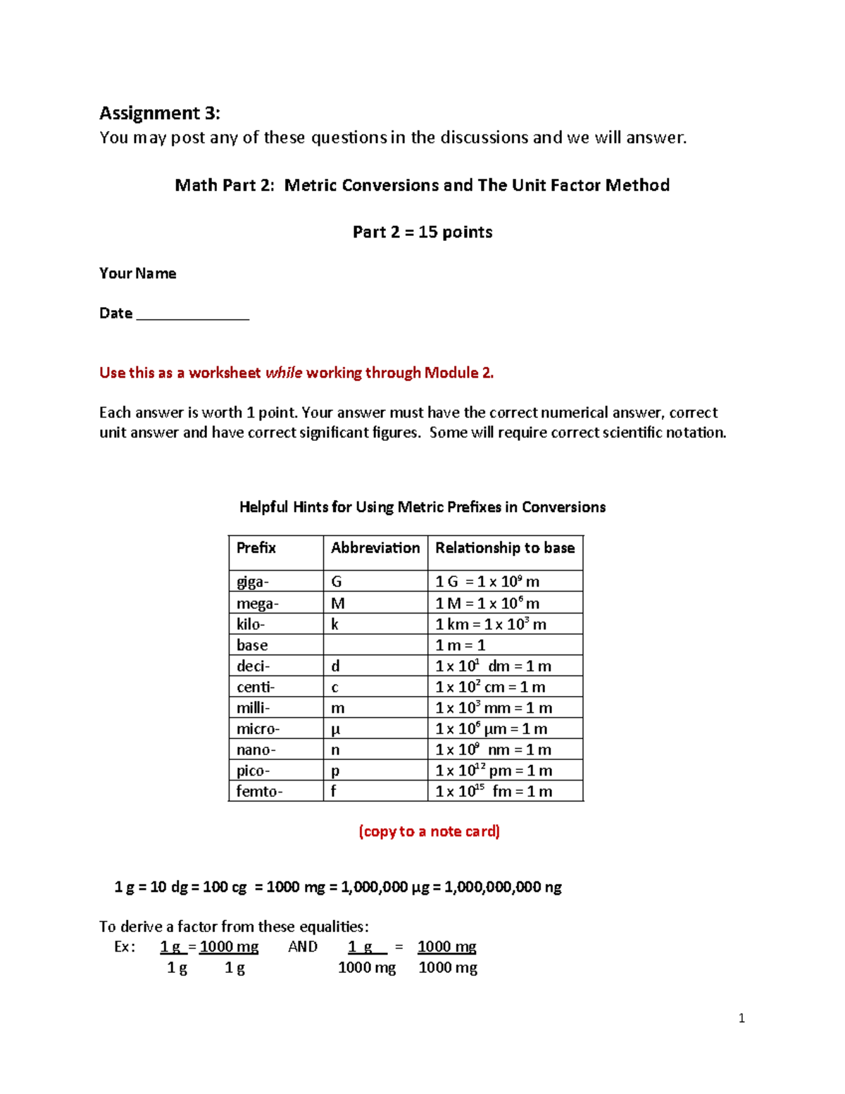 Assignment 3 Math Part 2 Metric Conversions and Unit Factor Practice ...