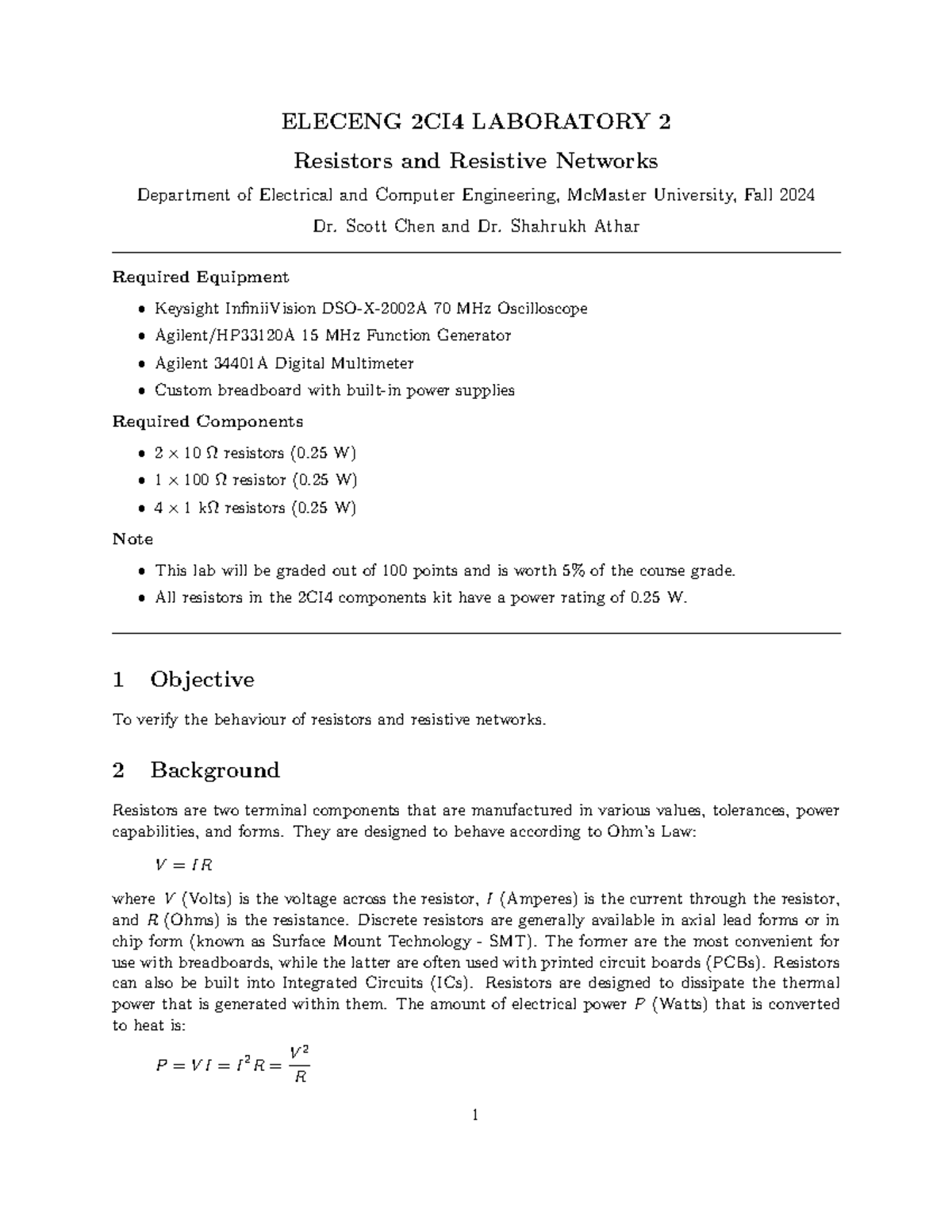 EE2CI4 Lab2 Manual - Lab2 - ELECENG 2CI4 LABORATORY 2 Resistors and Resistive Networks ...