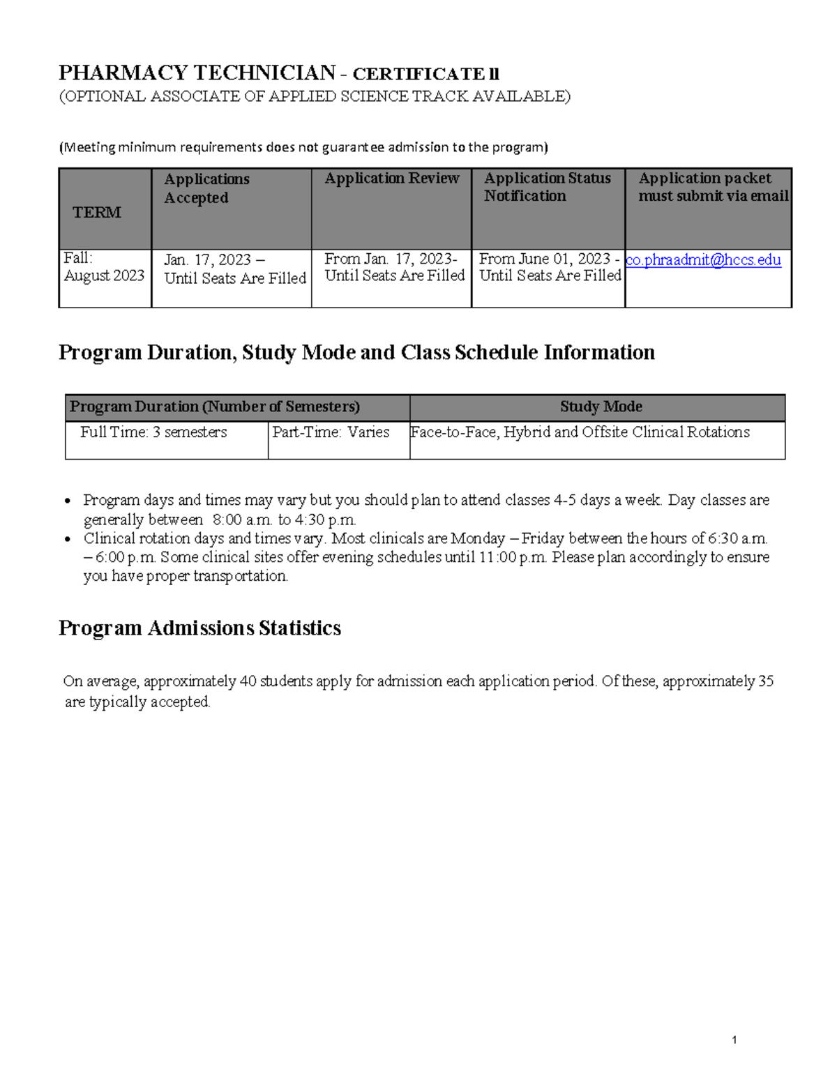 FALL 2023- PHRA - Admission Guide - PHARMACY TECHNICIAN - CERTIFICATE ...