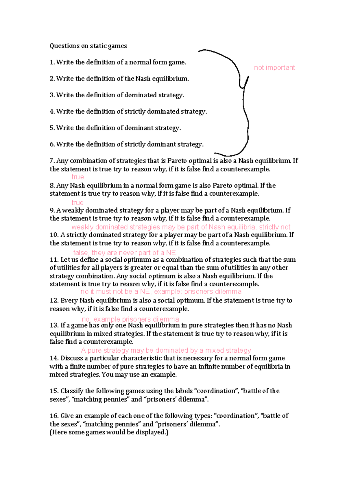 Questions Static Games_first try - Questions on static games Write the ...