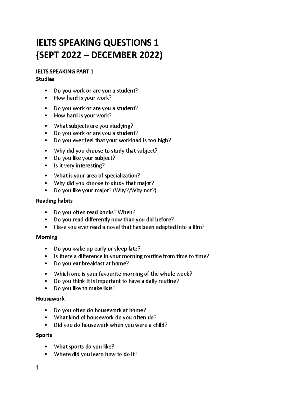 Ielts Speaking Questions Handout 1 2022 - IELTS SPEAKING QUESTIONS 1 ...