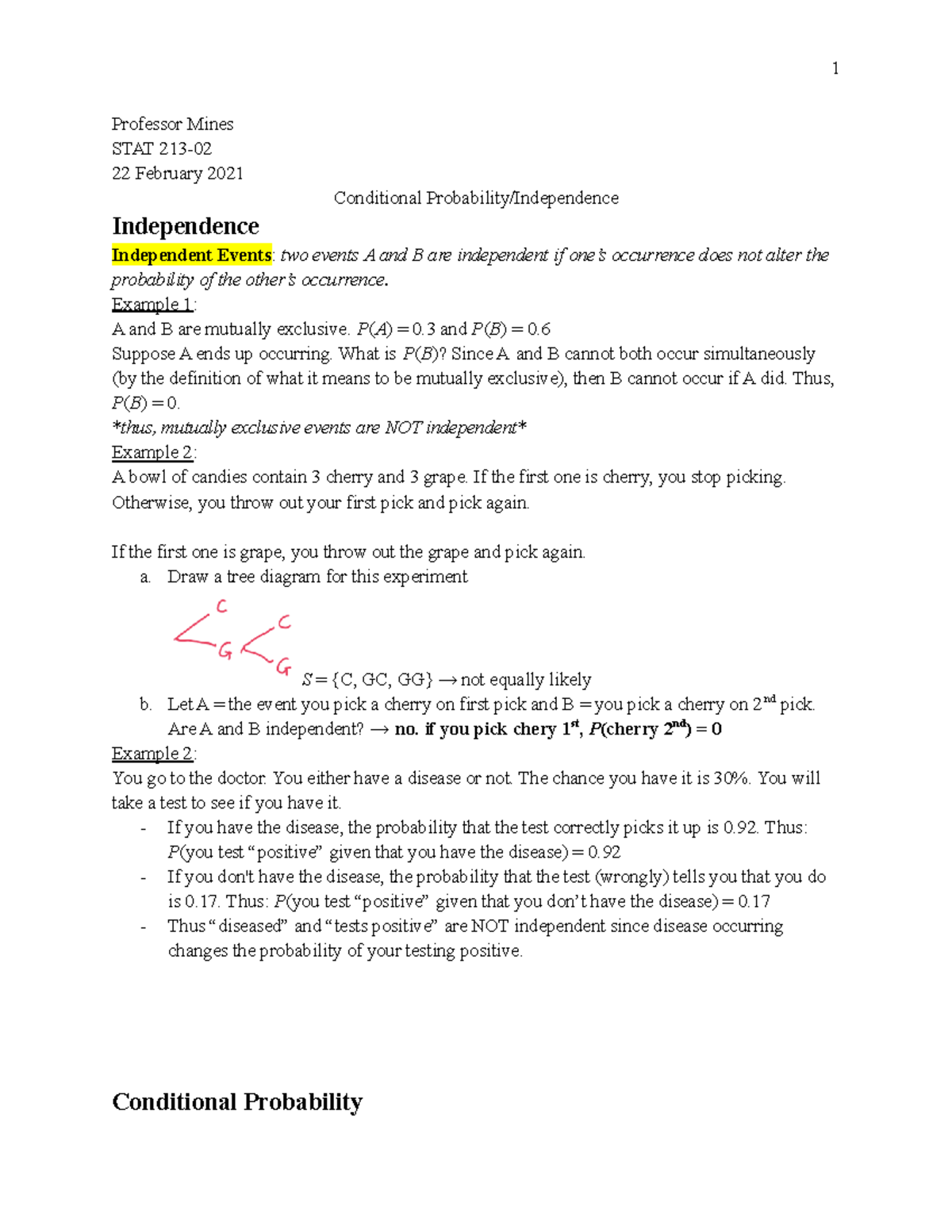 STAT 213-02 (6) Conditional Probability Independence - Professor Mines ...