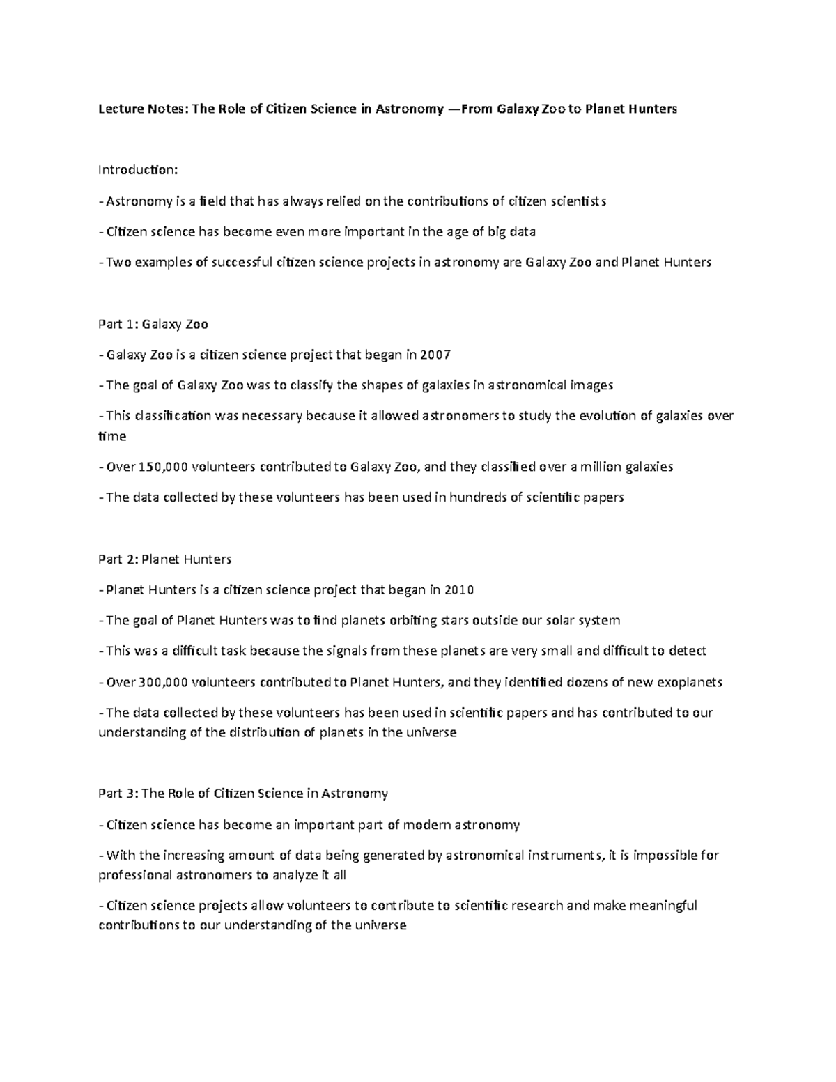 Lecture Notes: The Role of Citizen Science in Astronomy —From Galaxy ...