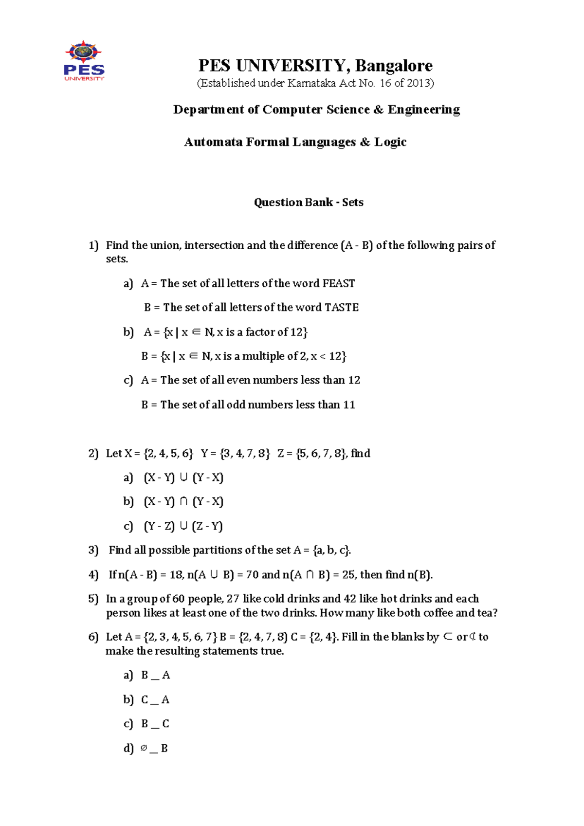 01 Sets Automata Formal Languages And Logic Practice Questions For Better Concept Clearing