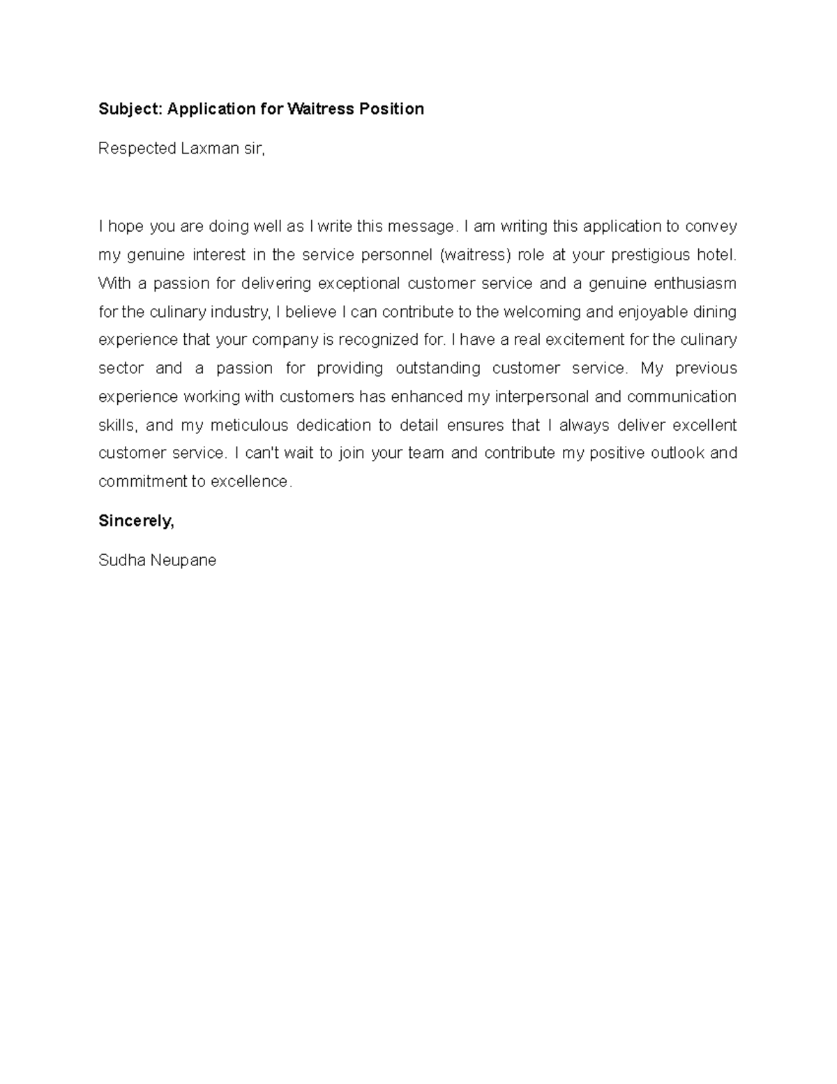 Application-01 - ENjoy - Subject: Application for Waitress Position ...