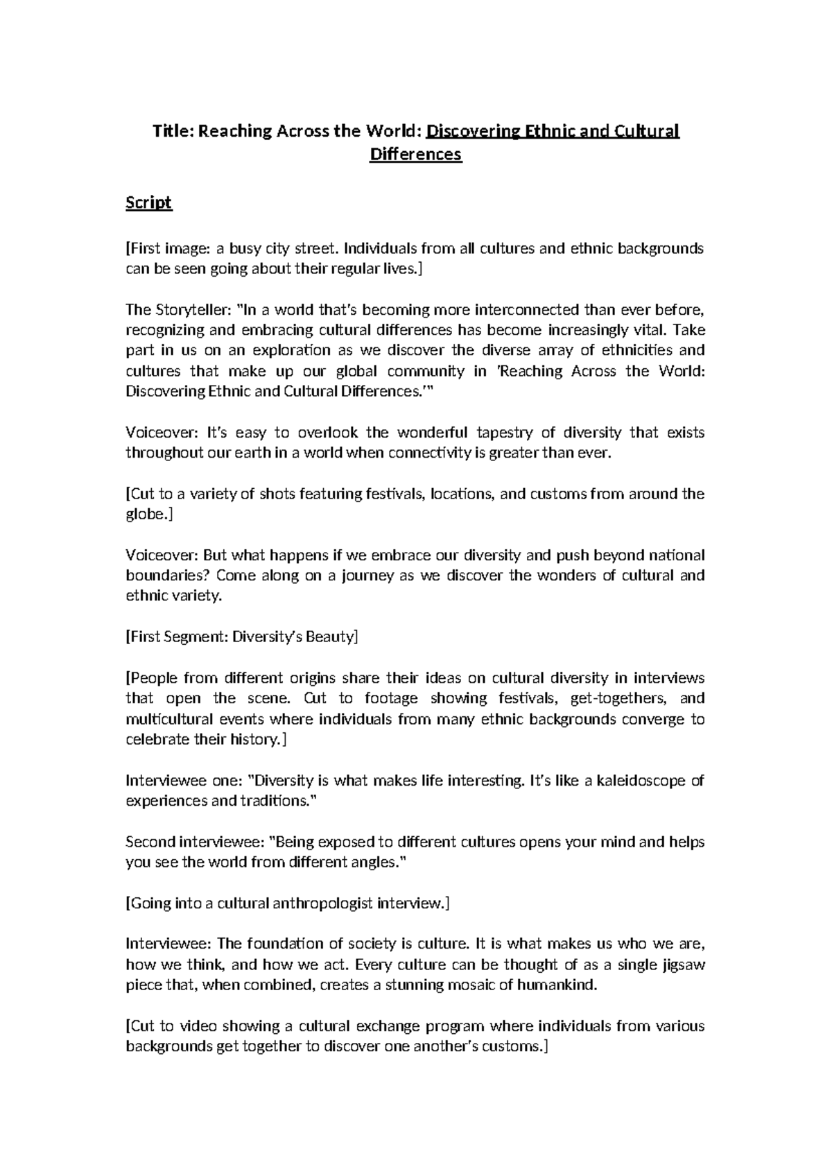 Script-Multi Cultural - Title: Reaching Across the World: Discovering ...