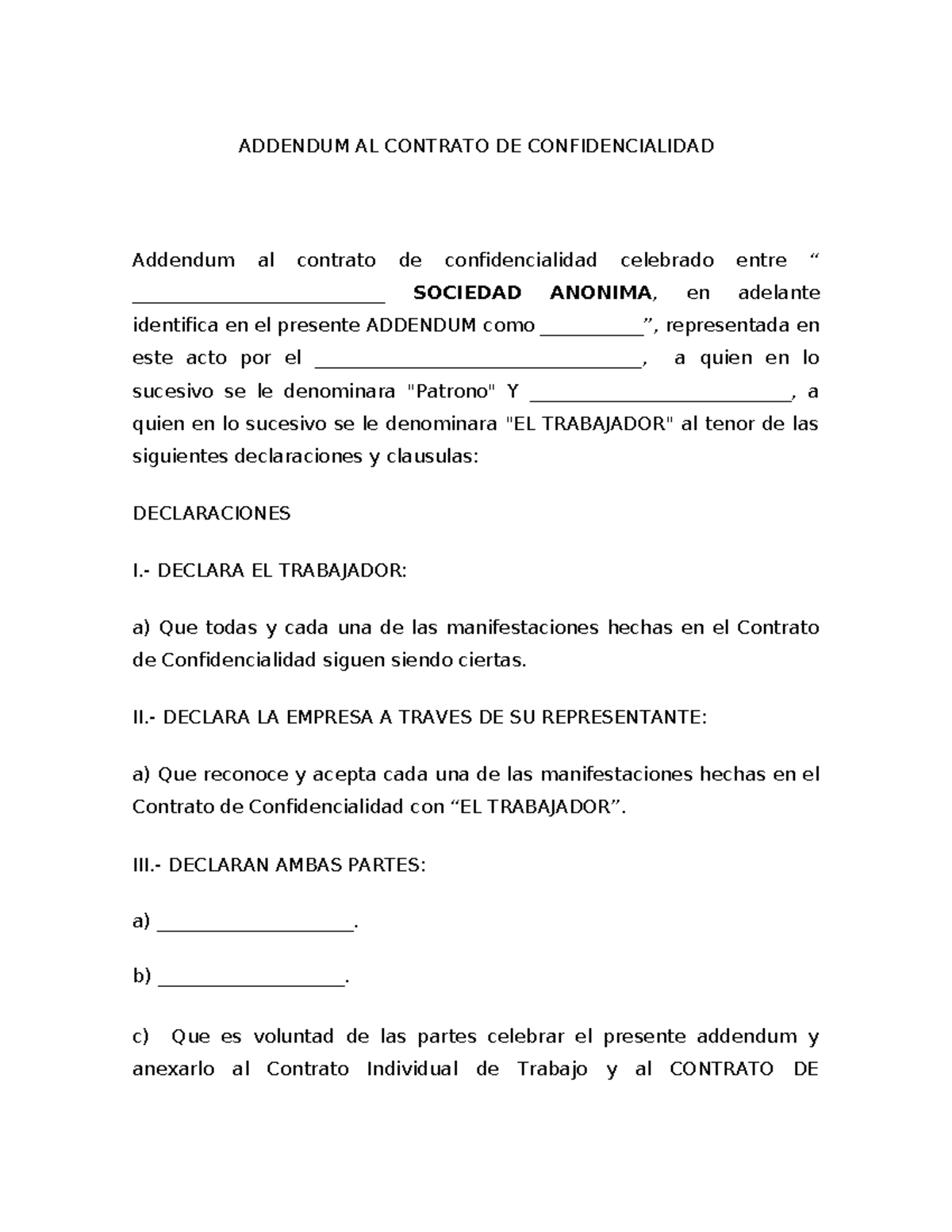 Addendum AL Contrato DE Confidencialidad modelo - ADDENDUM AL CONTRATO DE CONFIDENCIALIDAD ...