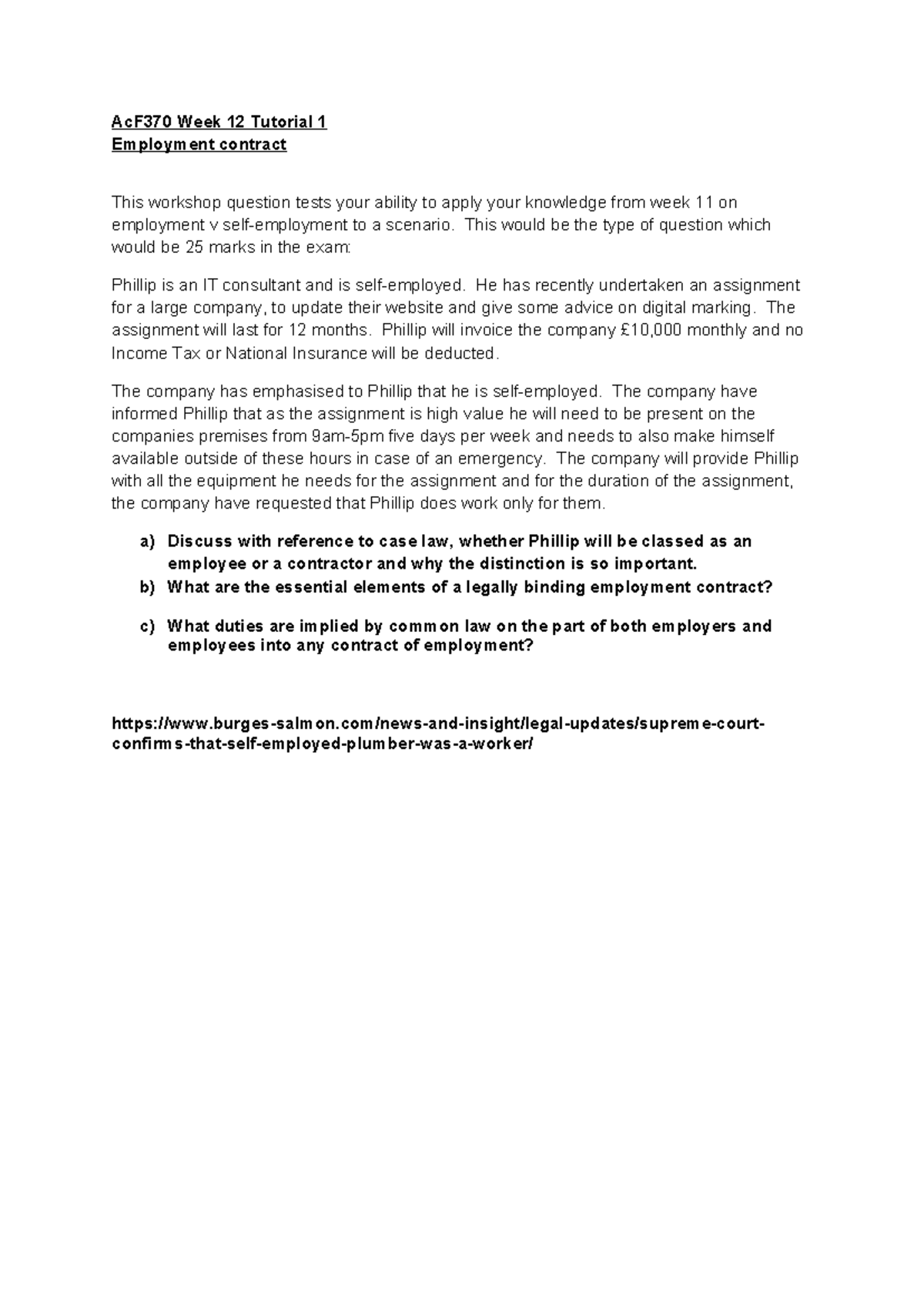 Seminar week 12 question - AcF370 Week 12 Tutorial 1 Employment ...