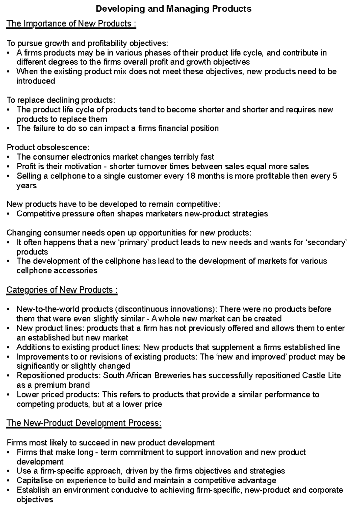 Chapter 9 - Developing and Managing Products The Importance of New Products : To pursue growth ...