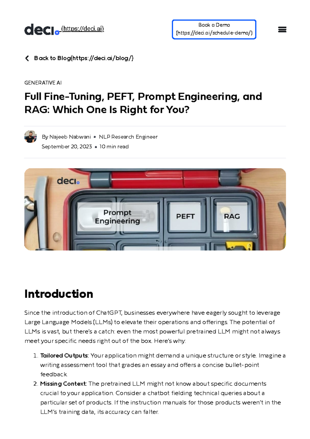 Full Fine-Tuning, PEFT, Prompt Engineering, or RAG - Back to Blog(deci/blog/) GENERATIVE AI Full ...