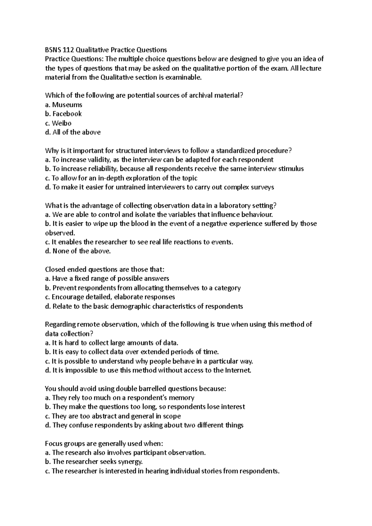 BSNS 112 Qualitative Practice Questions - BSNS 112 Qualitative Practice Questions Practice - Studocu