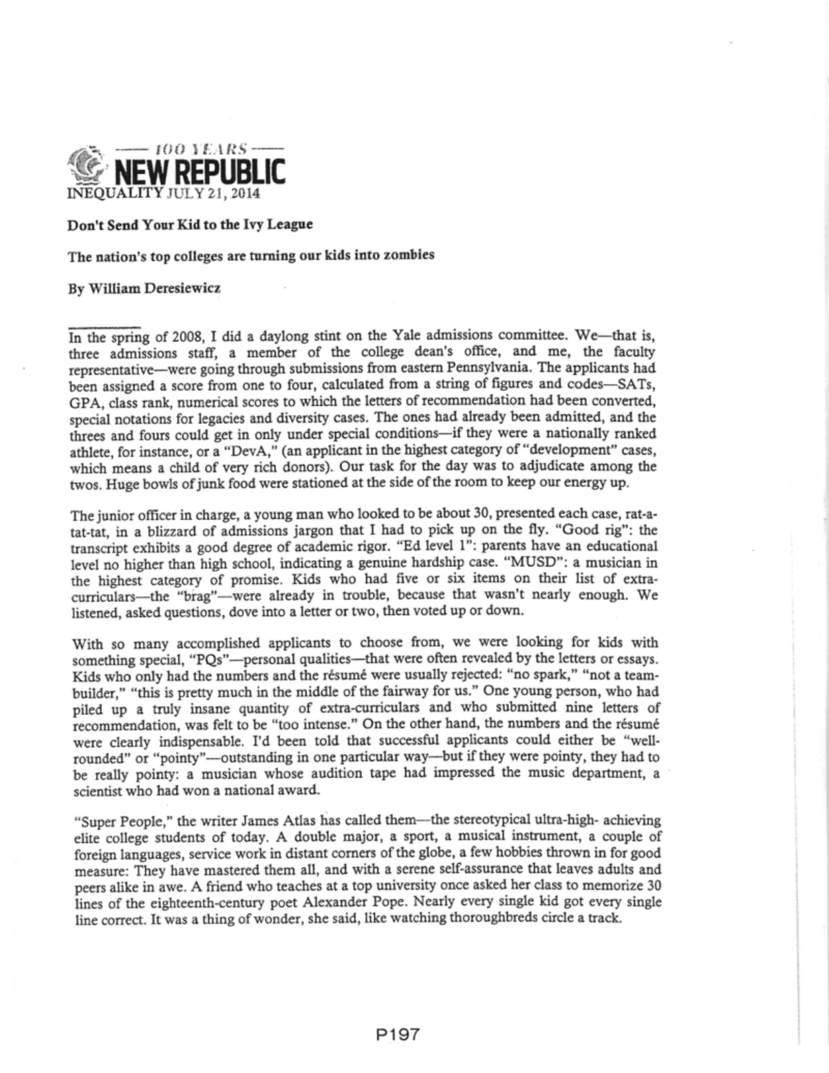 Deresiewicz-Don't Send Your Kids to the Ivies - ELHE770101 - Studocu