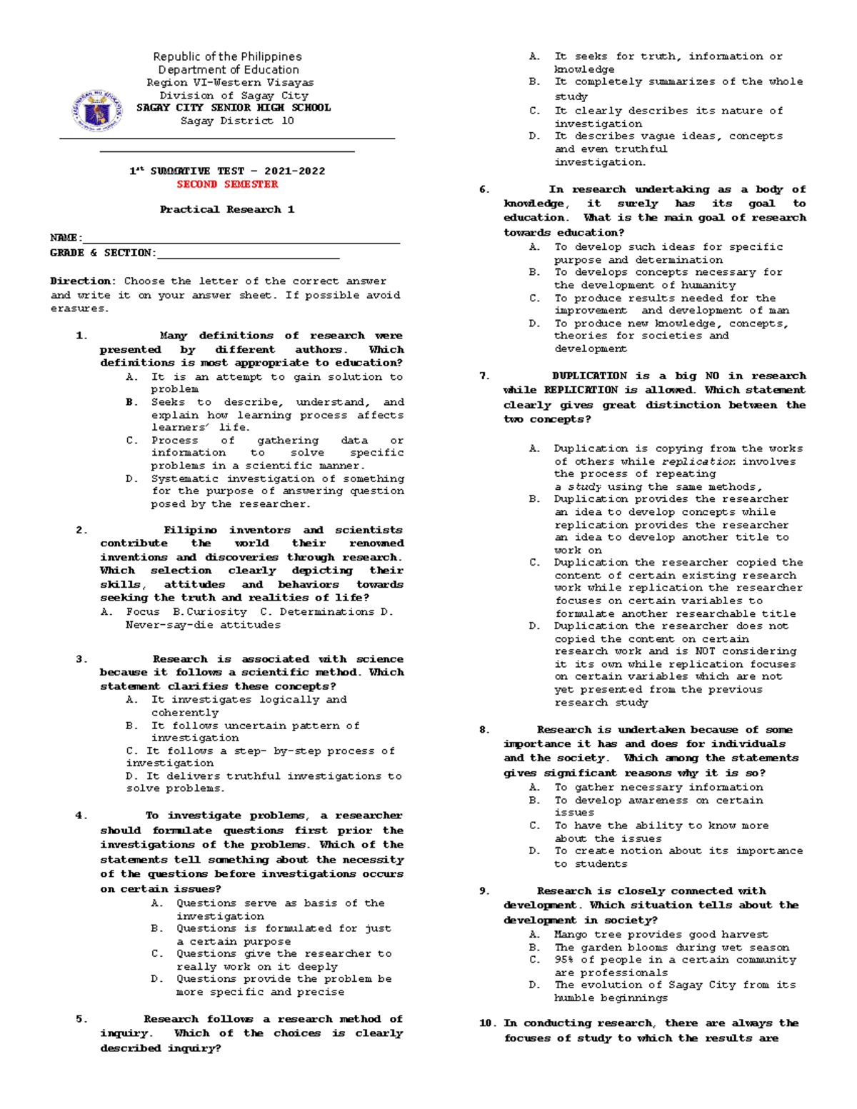 Practical research 1 1st summative test 4th quarter - Republic of the ...