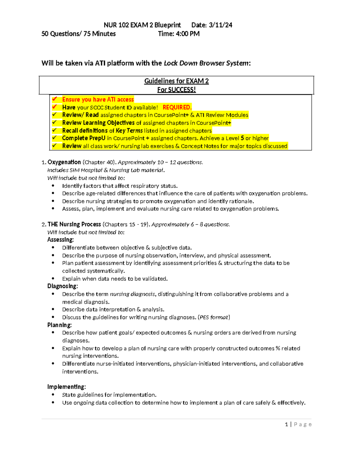NUR 102 EXAM 2 Guidelines & Blueprint 031124 - NUR 102 EXAM 2 Blueprint ...