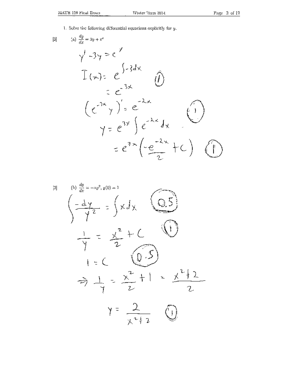 Exam 2014, answers - MATH 128 Final Exam Winter Term 2014 Page 2 of 12 ...
