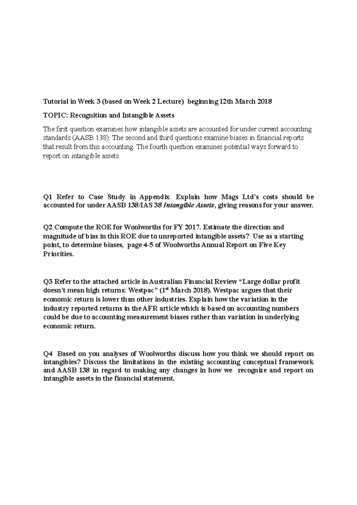 Tutorial 2 Week 3 Questions - Tutorial in Week 3 (based on Week 2 Lecture) beginning 12th March ...