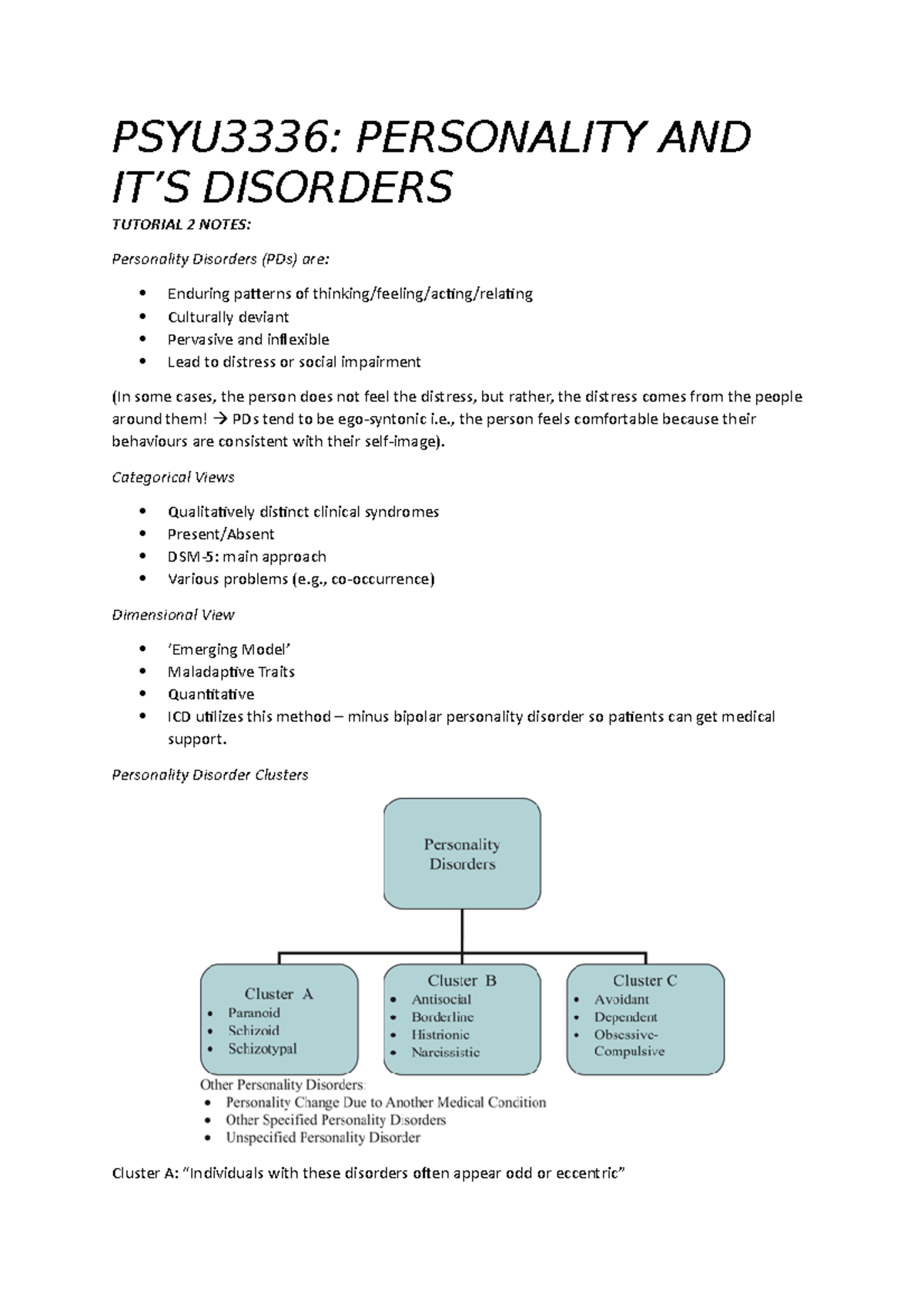 PSYU3336 Tutorial Notes - PSYU3336: PERSONALITY AND IT’S DISORDERS ...
