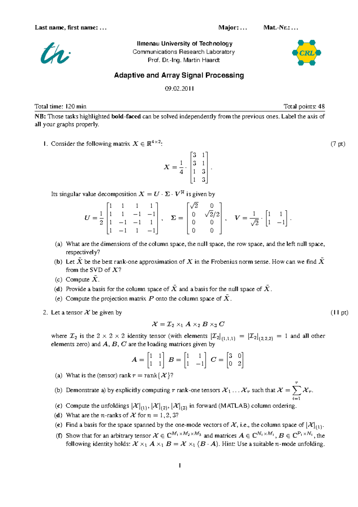 AASP Exam WS 1011 - Exam Winter 2011 - Last name, first name:... Major:... Mat.-Nr.:... Ilmenau ...