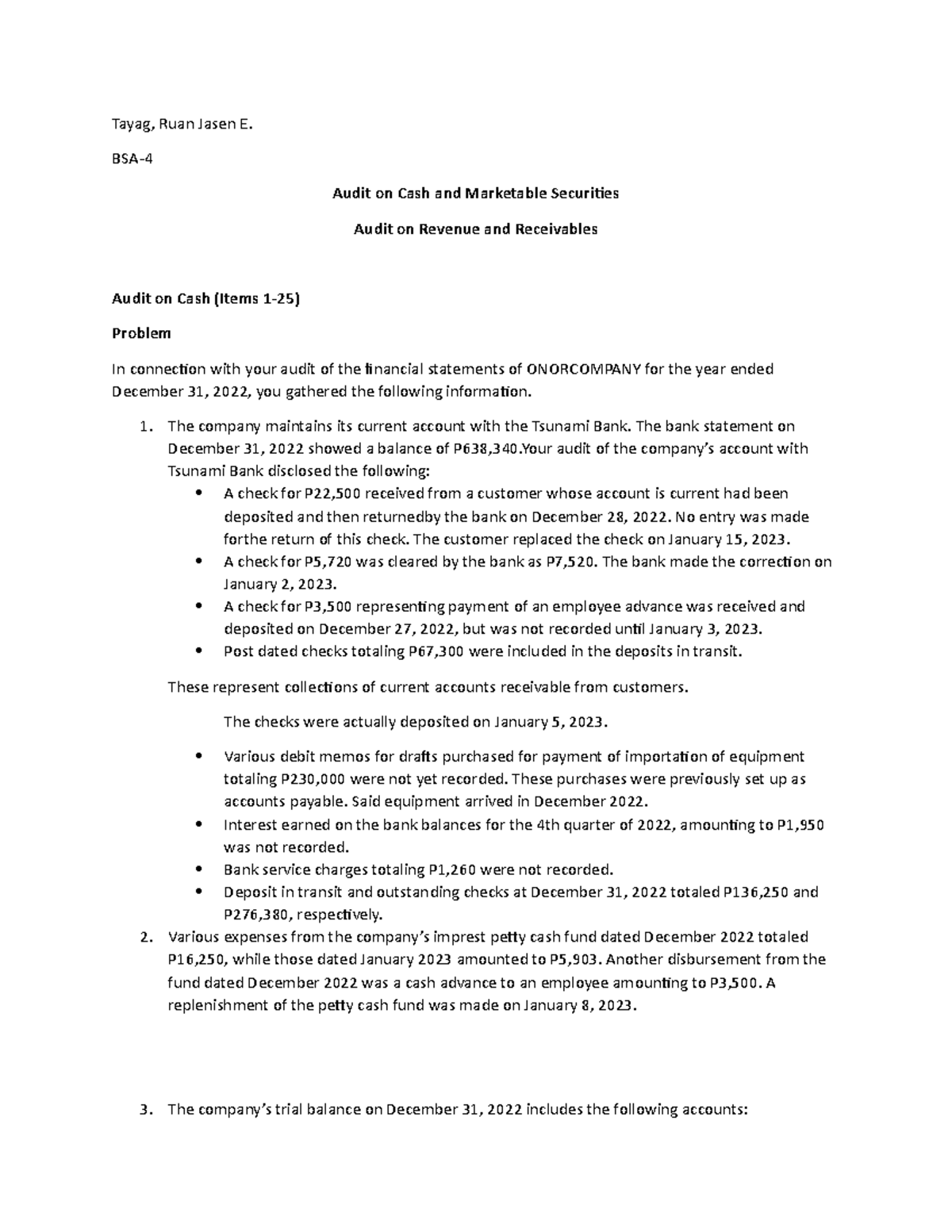 Audit on Cash and Marketable Securities and Audit on Revenue and ...