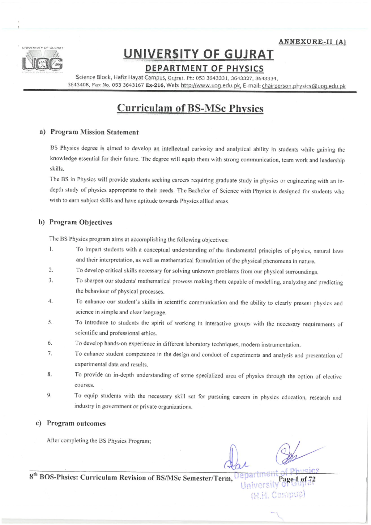 BS & MSC Physics 8th Semesters outlines uog - (A) UNIVERSITY OF GUJRAT ...