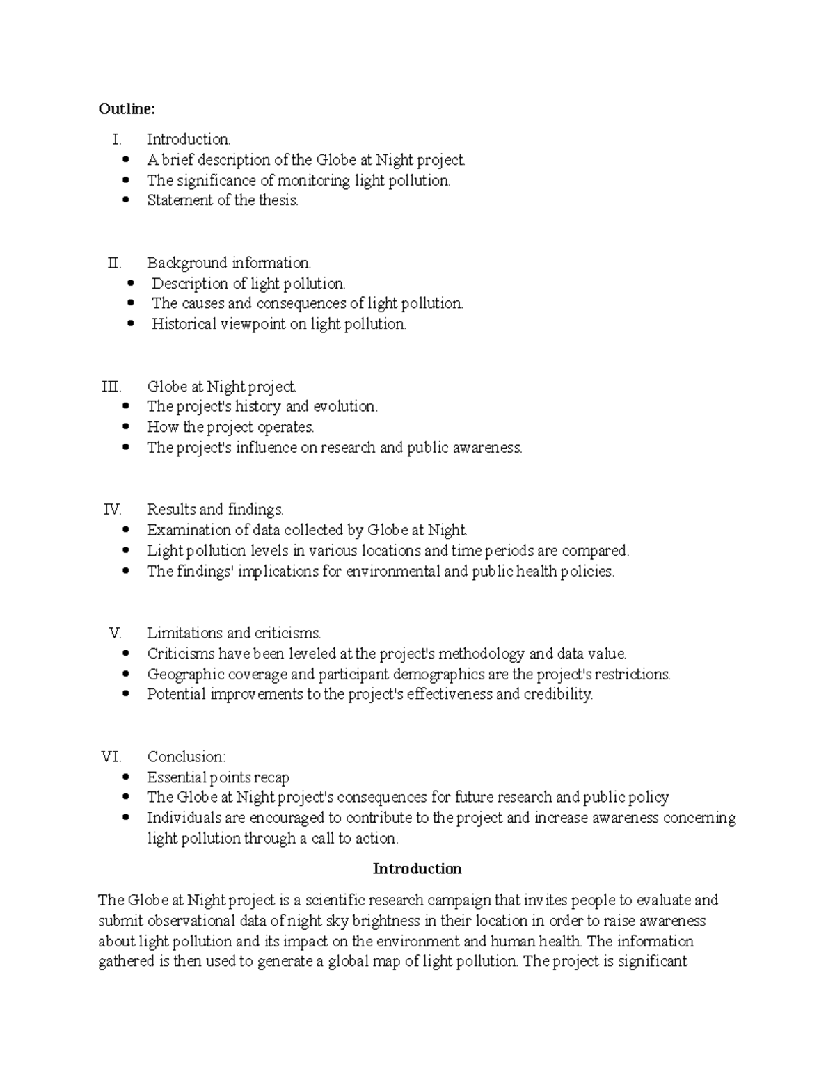 Globe at Night project - Outline: I. Introduction. A brief description ...