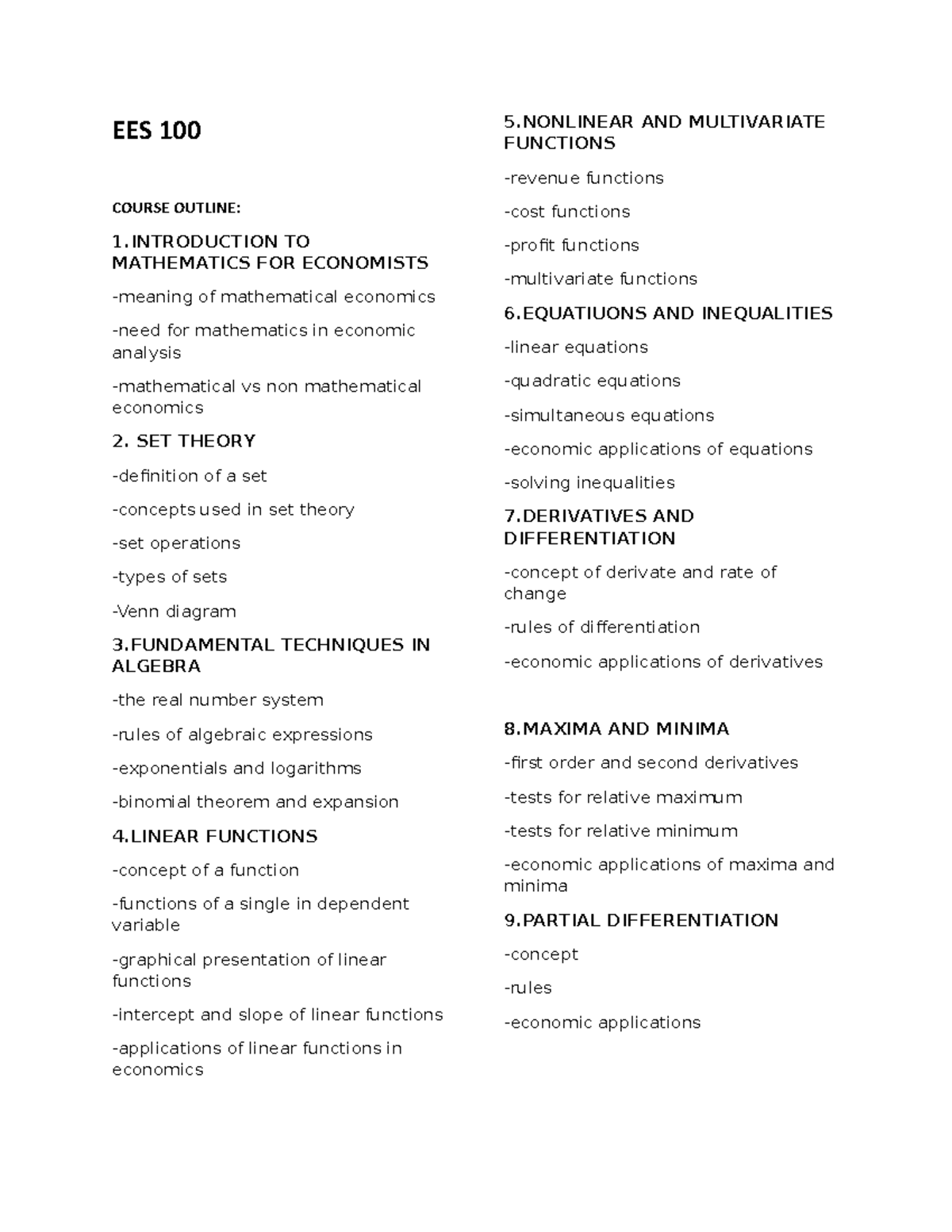 EES 100 - Covers the basic core for doing mathematics in economics ...