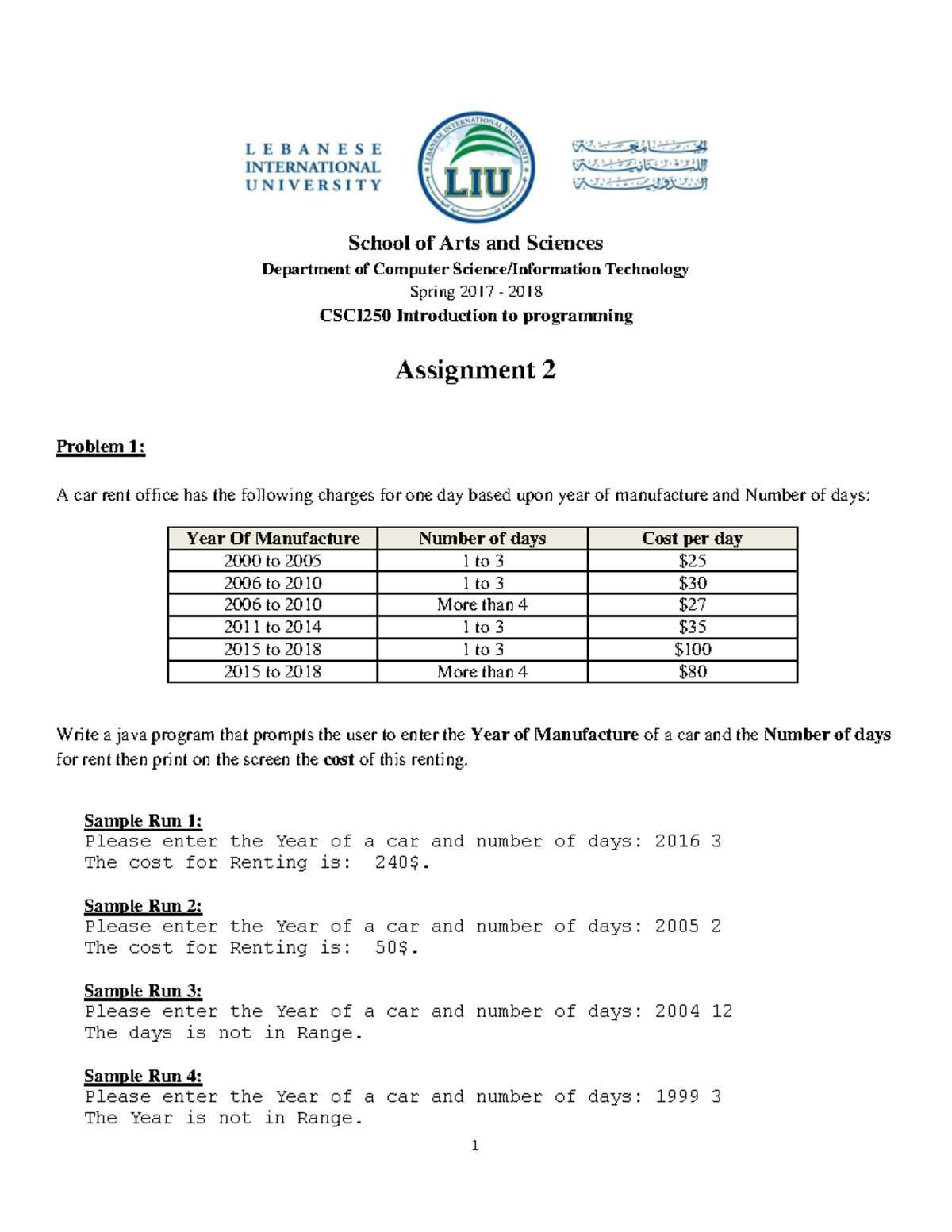 CSCI250 Assignmnet 2 SP18 - 1 School of Arts and Sciences Department of Computer Science ...