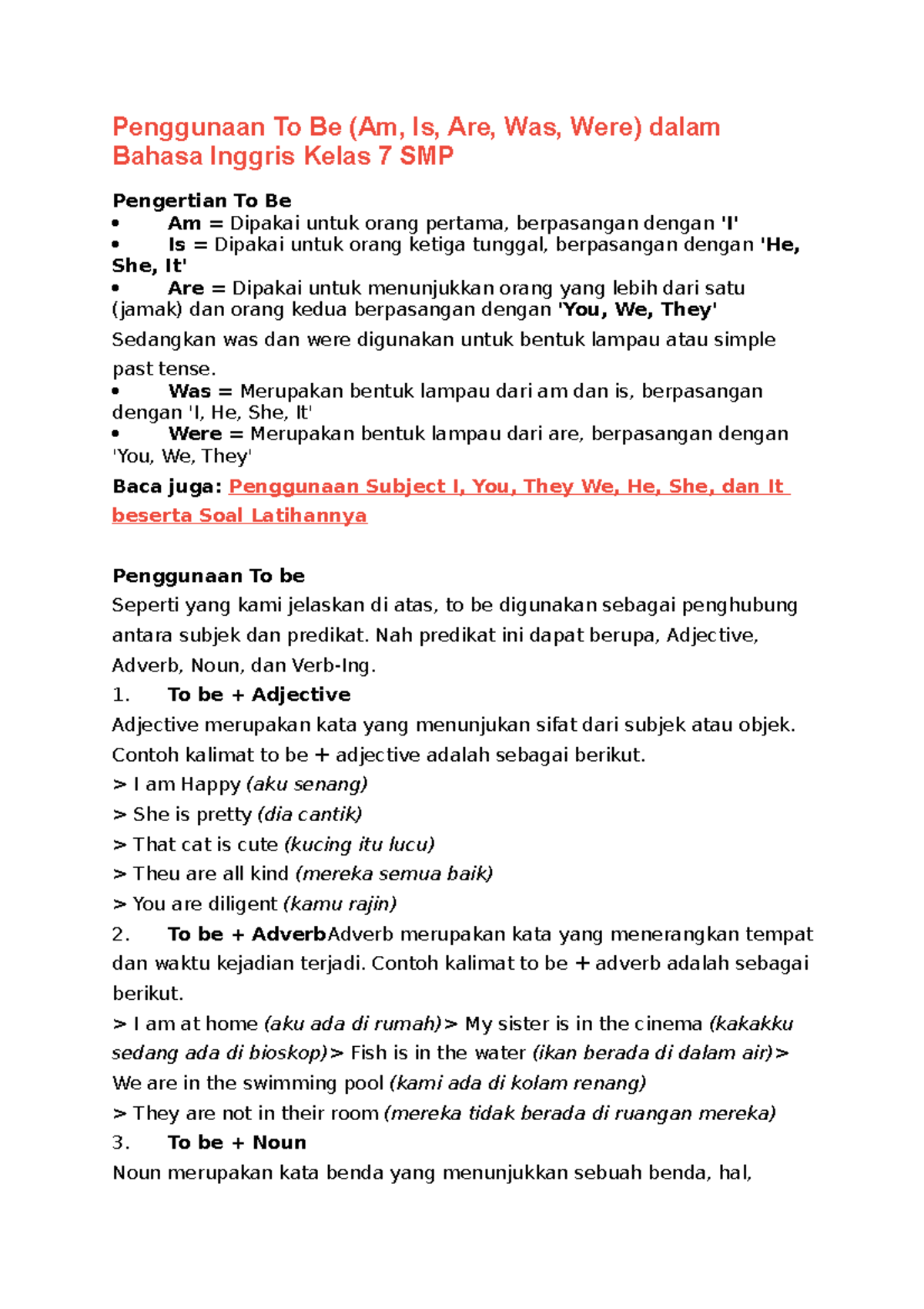 Penggunaan To Be - Was = Merupakan bentuk lampau dari am dan is ...