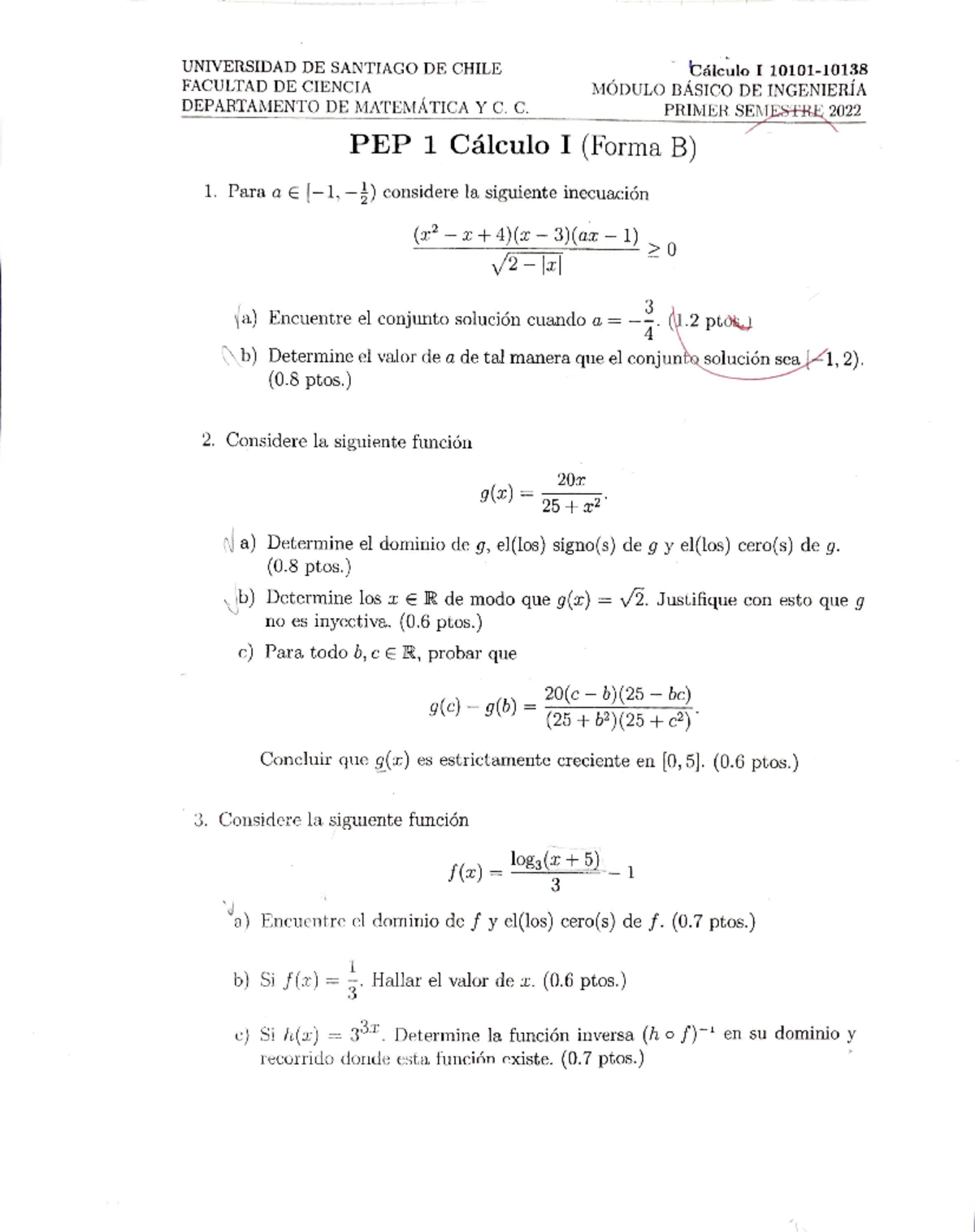 Cálculo I Pep 1 2022-1 Enunciado - UNIVERSIDAD DE SANTIAGO DE CHILE FACU LTADDE CIENCIA ...