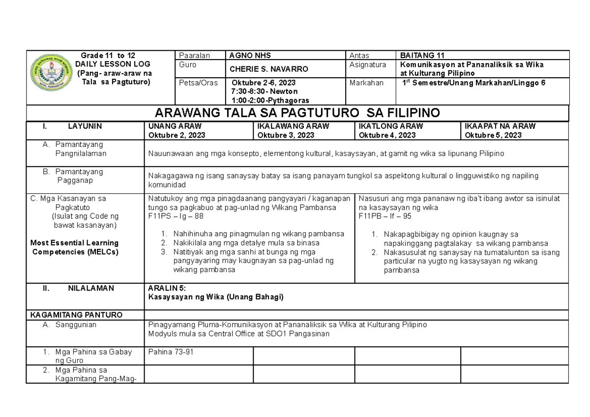 DLL - daily lesson log - Grade 11 to 12 DAILY LESSON LOG (Pang- araw ...