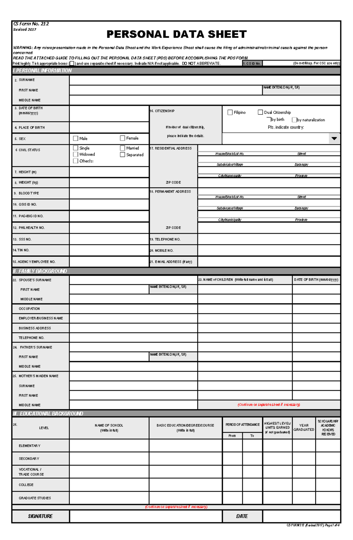 Personal Data Sheet - Assignment - Print legibly. Tick appropriate ...