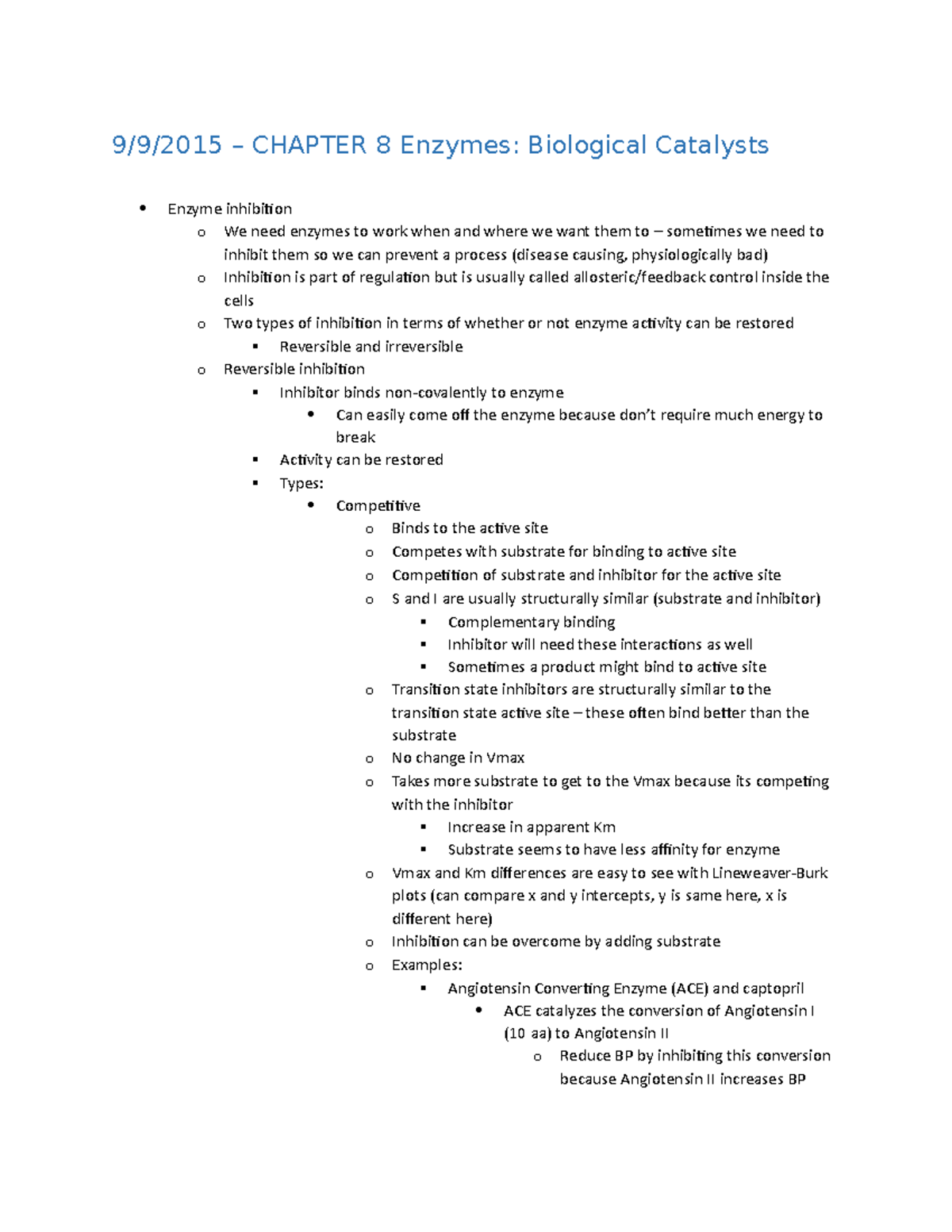 9 - Lecture notes 10 - 9/9/2015 – CHAPTER 8 Enzymes: Biological ...