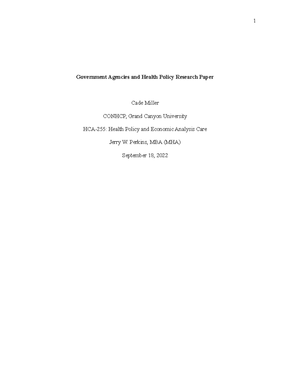 Government Agencies and Health Policy Research Paper - Perkins, MBA ...