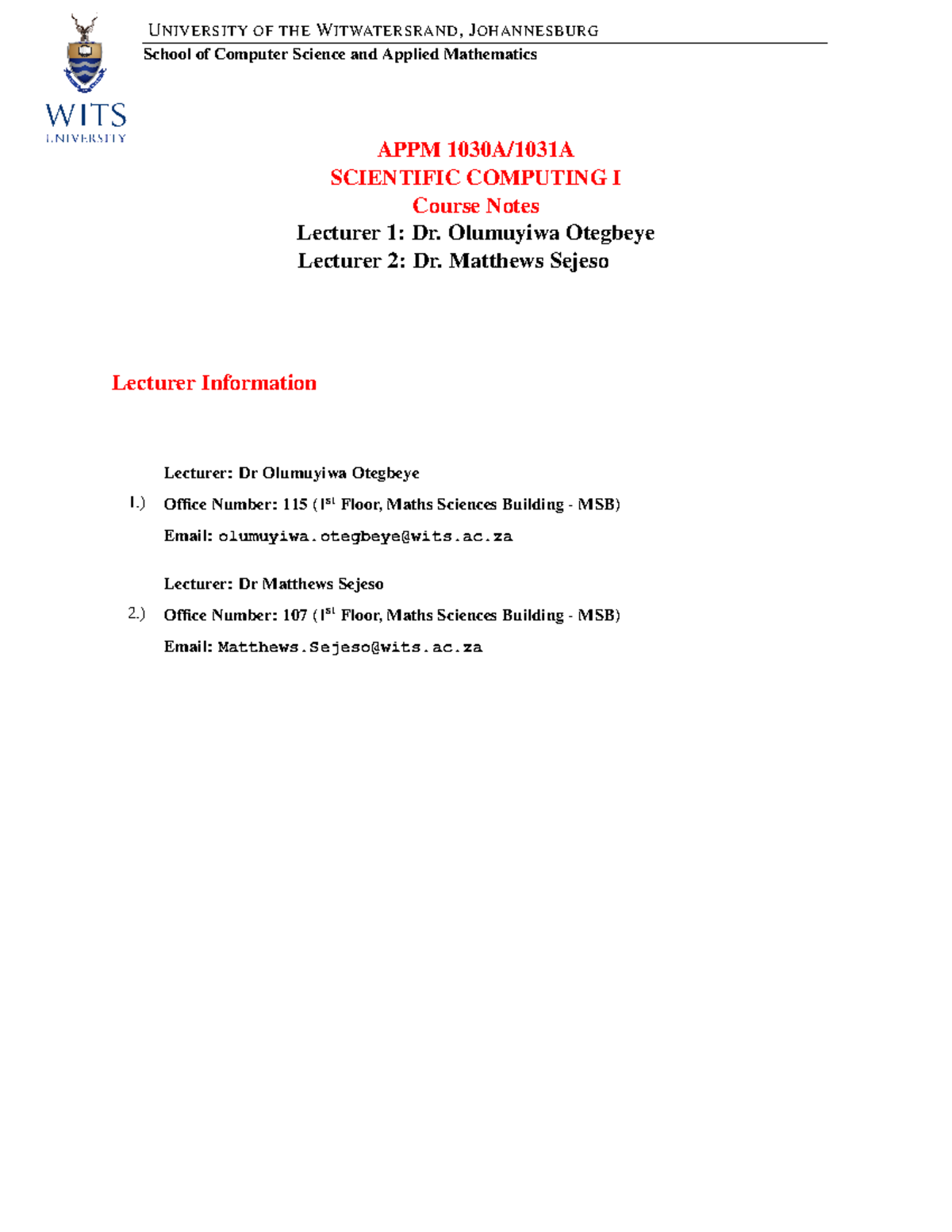 Lecture Notes S1 - UNIVERSITY OF THE WITWATERSRAND, JOHANNESBURG School ...