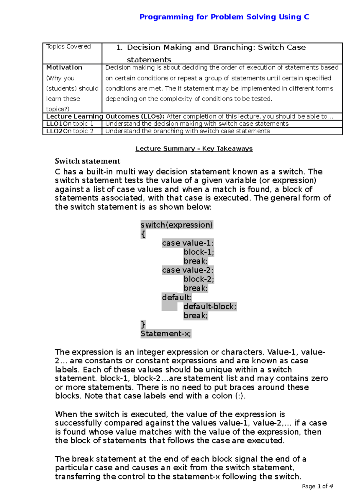 Switch Case statements - Topics Covered 1. Decision Making and ...