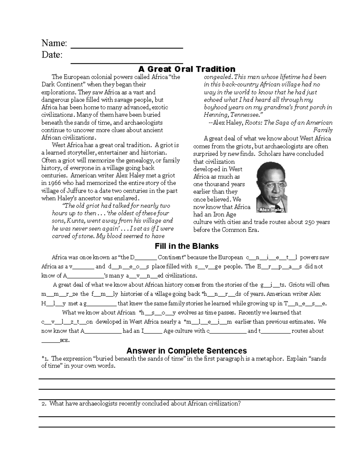 Oral histories of Ancient Africa - Name: Ana M Date: 01/29/ A Great ...