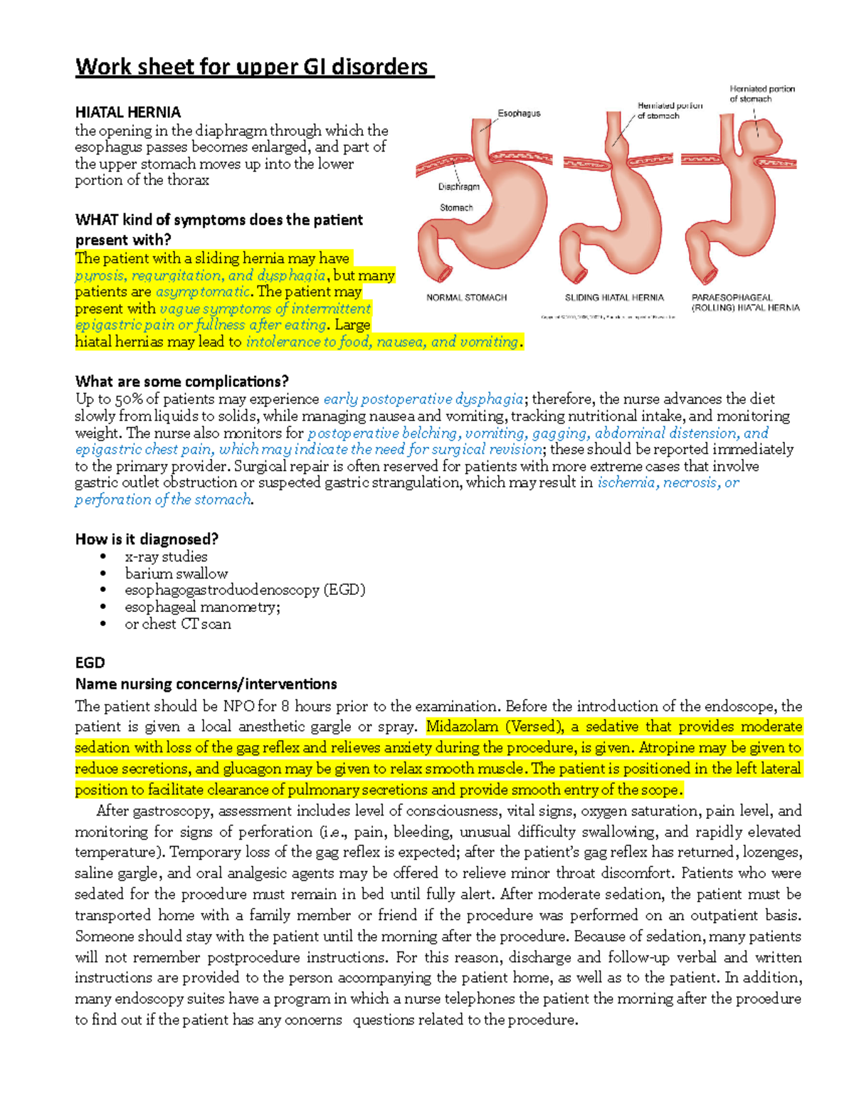 Upper GI - Lecture notes 5 - Work sheet for upper GI disorders HIATAL ...