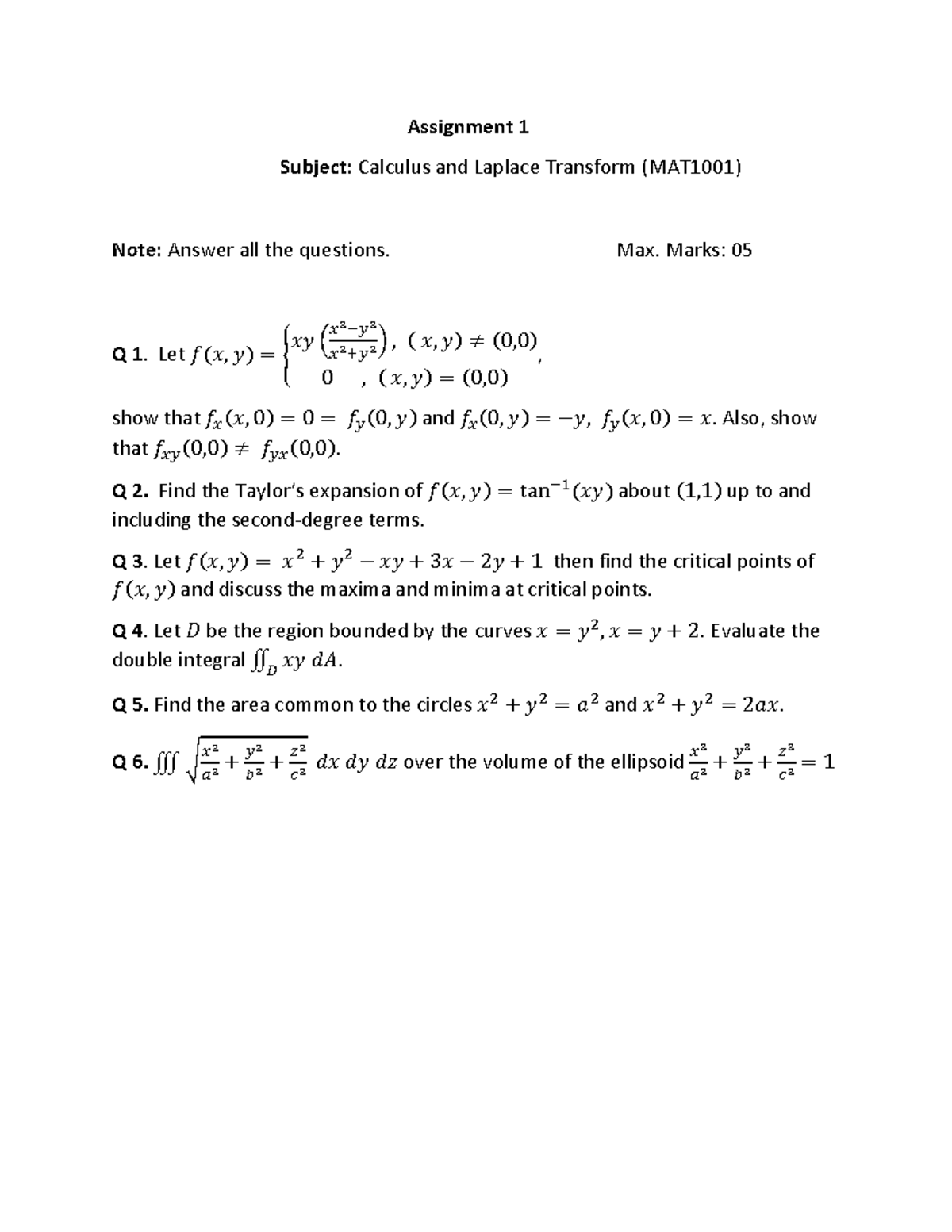 Calculus and laplace transform practice questions - Assignment 1 Subject: Calculus and Laplace ...