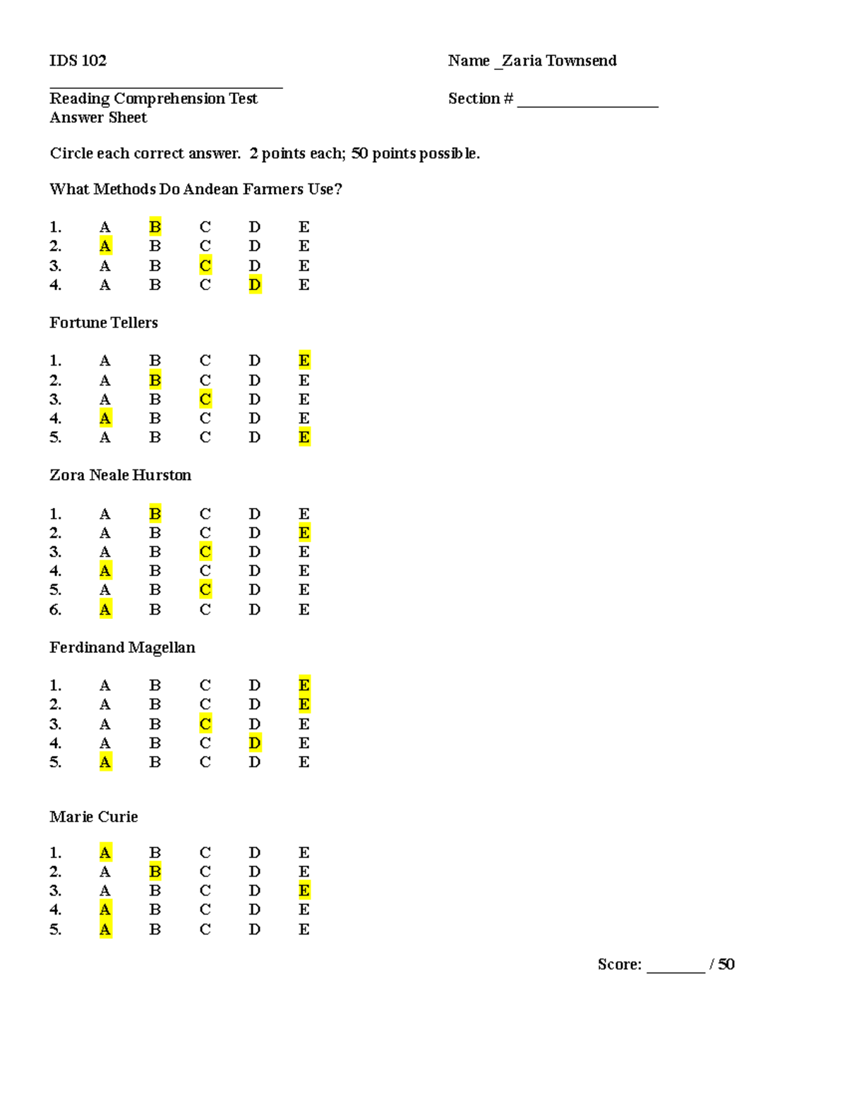 Comprehension Test Answer Sheet - IDS 102 Name _Zaria Townsend Reading ...