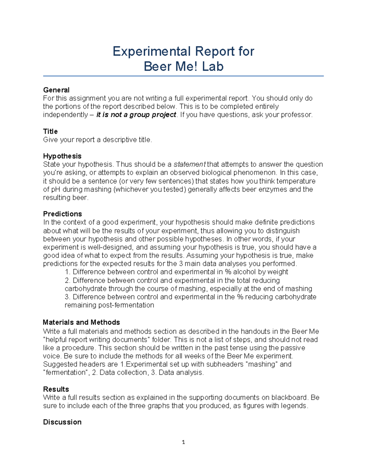 Beer Me Experimental Report Instructions - Experimental Report for Beer ...