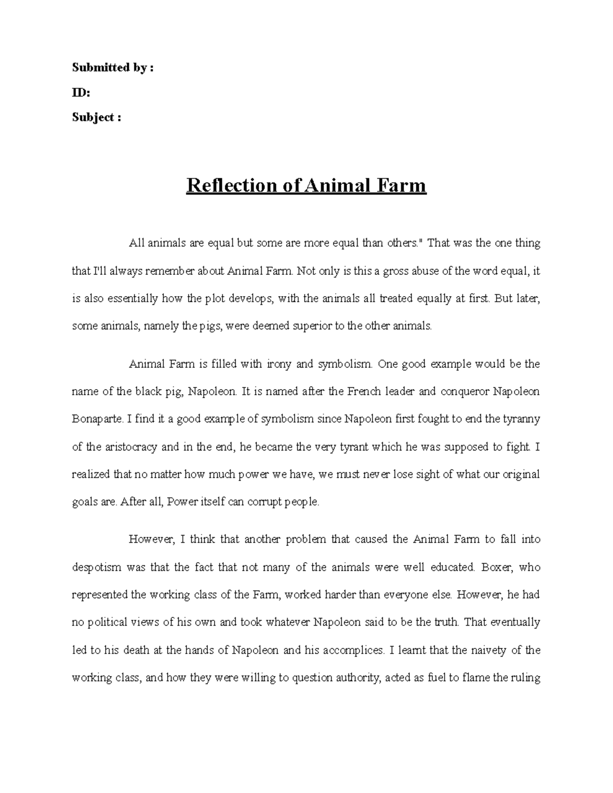 Animal farm - BBA - Submitted by : ID: Subject : Reflection of Animal ...