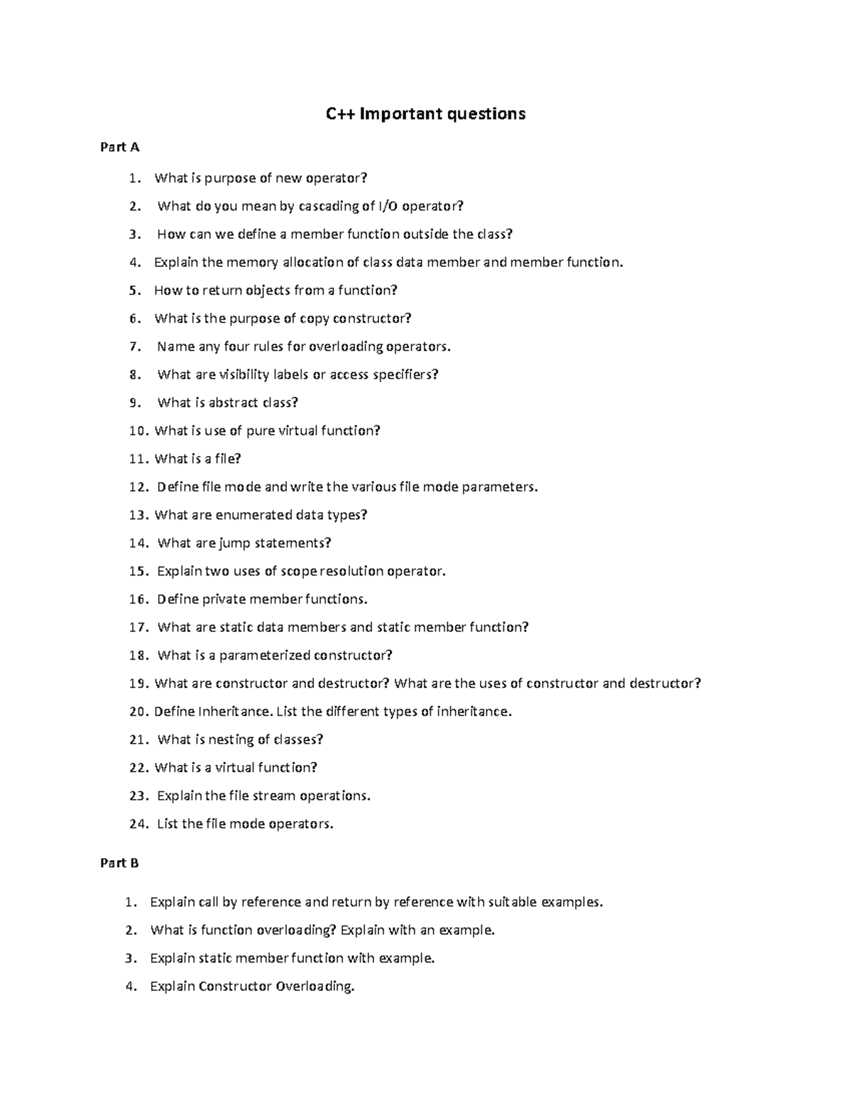 CPP qstns - C++ Important questions Part A What is purpose of new ...